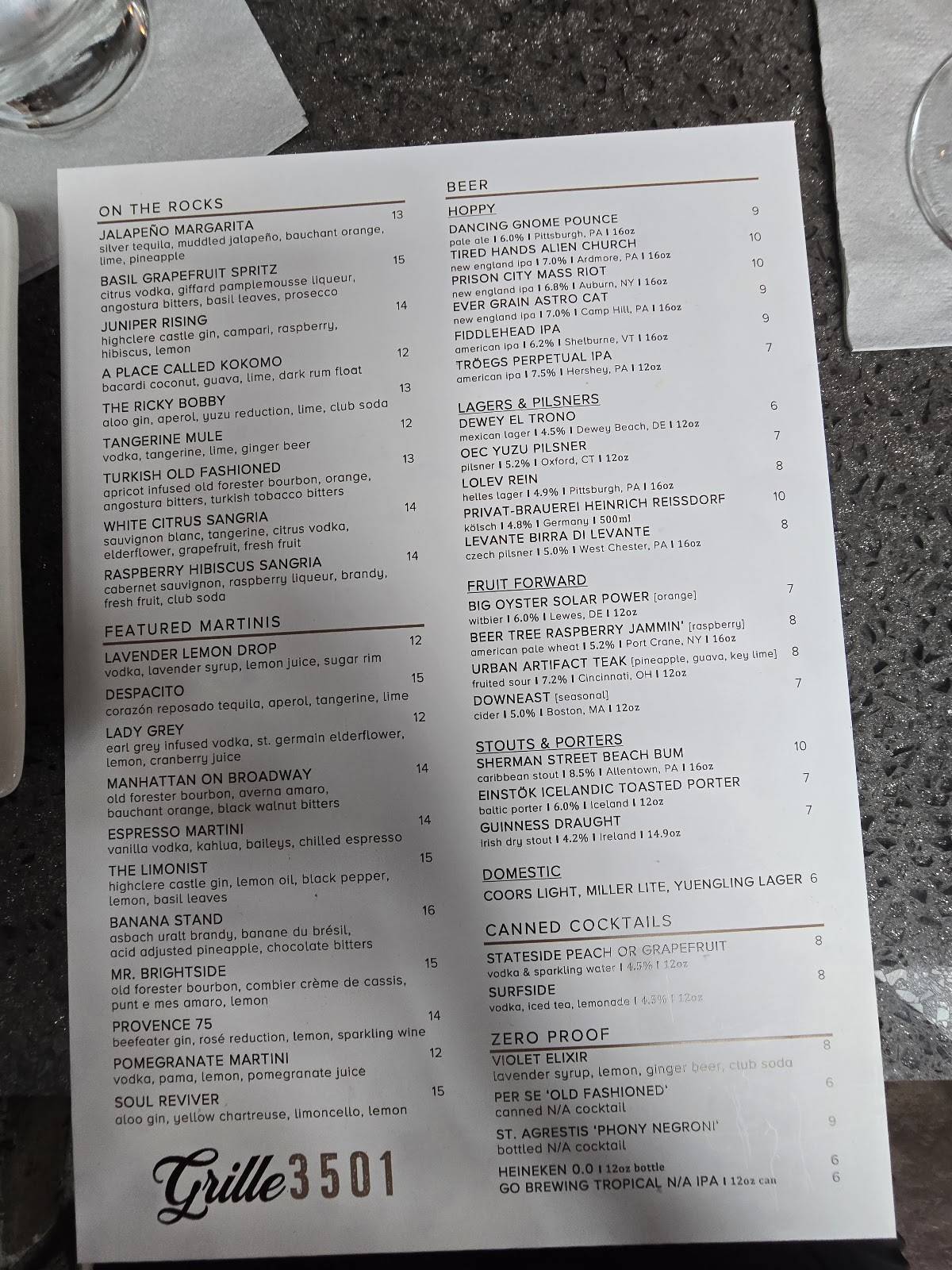 Menu at Grille 3501 restaurant, Allentown