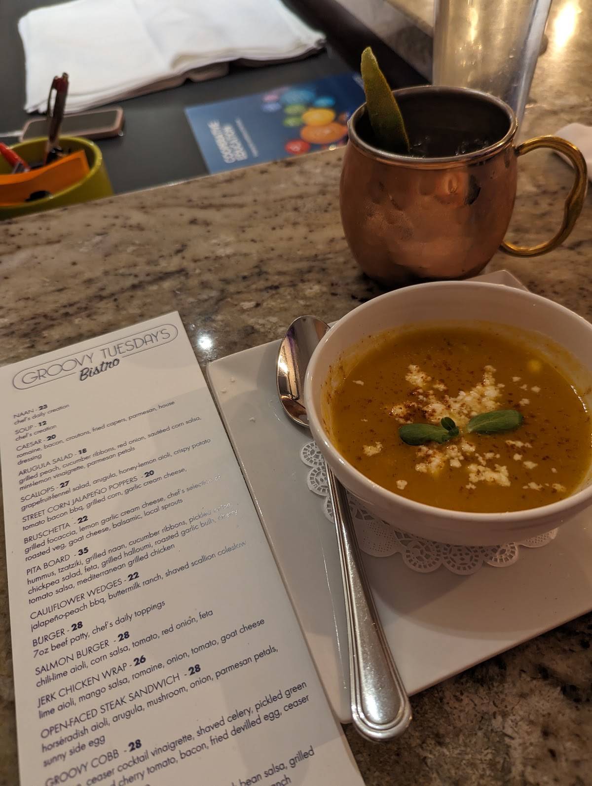 Menu at Groovy Tuesday's Bistro restaurant, Barrie