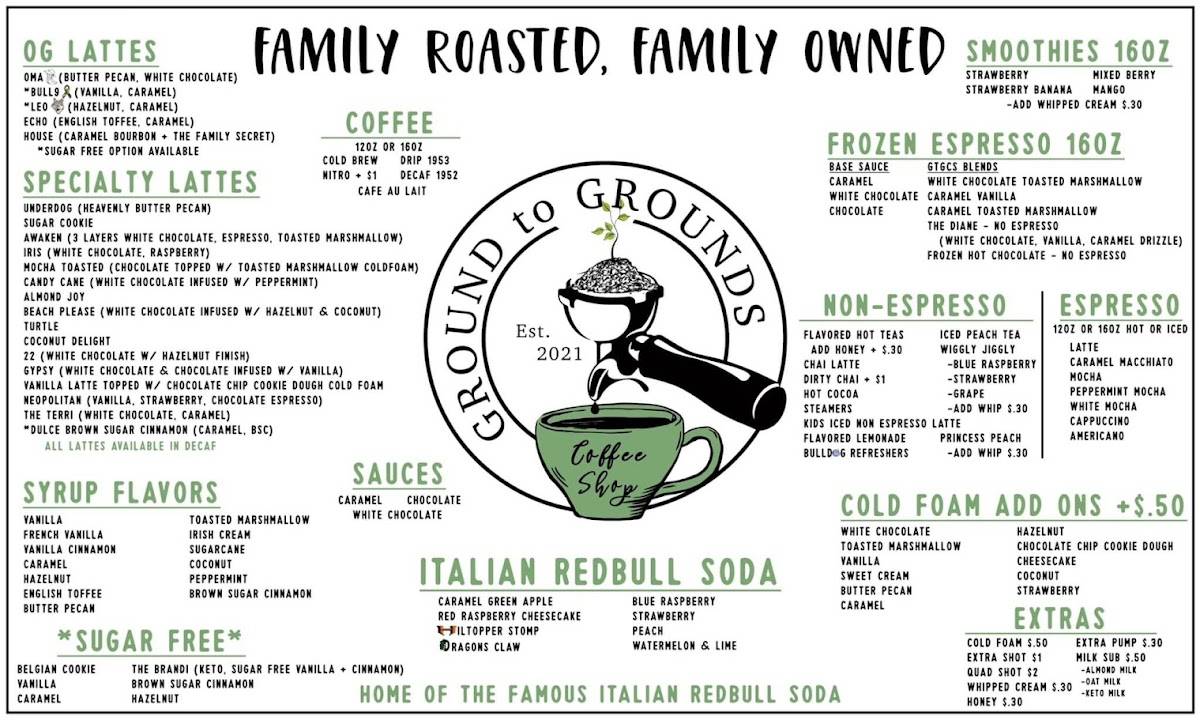 Menu at Ground to Grounds Coffee Shop, Hillsboro