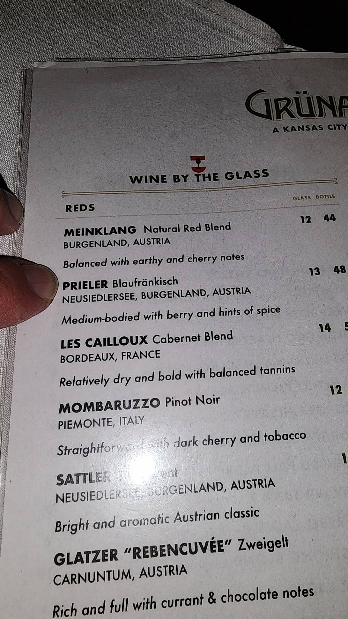 Menu at Grünauer pub & bar, Kansas City
