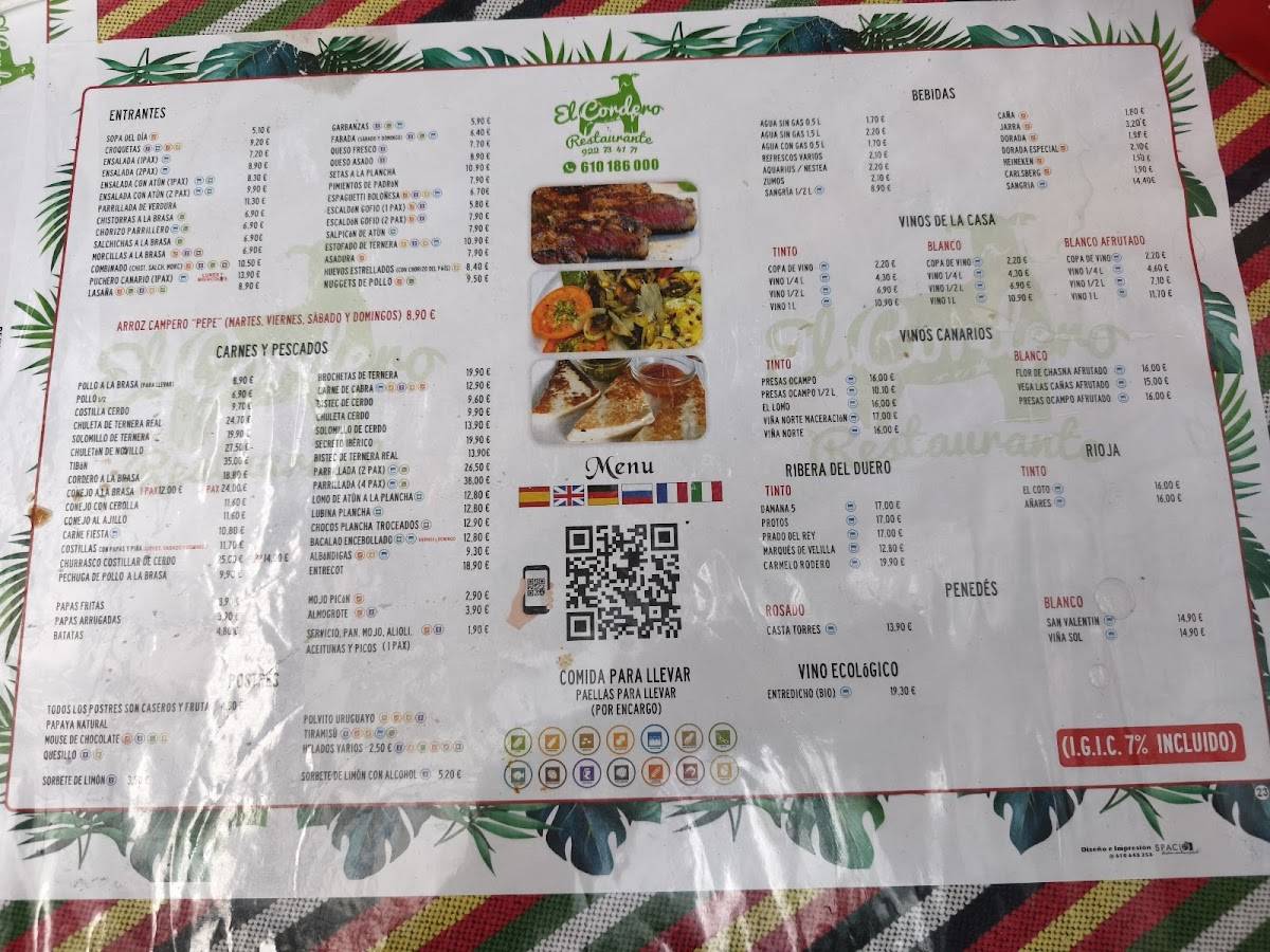 Carta de Restaurante El Cordero, El Monte O Guargacho, TF-652
