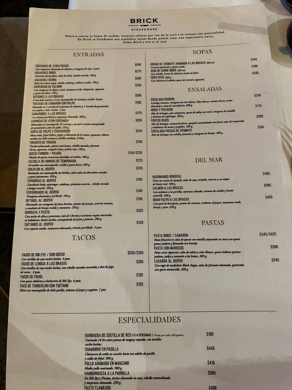 Menu at Brick SteakHouse, Guadalajara