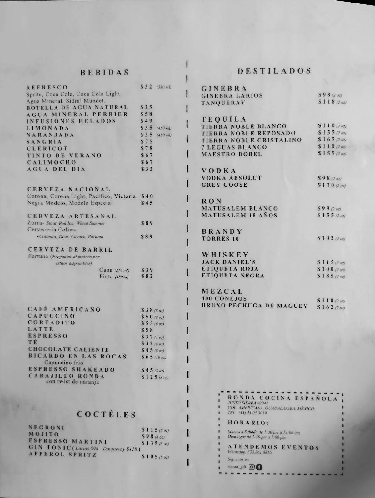Carta del restaurante RONDA Cocina Española, Guadalajara