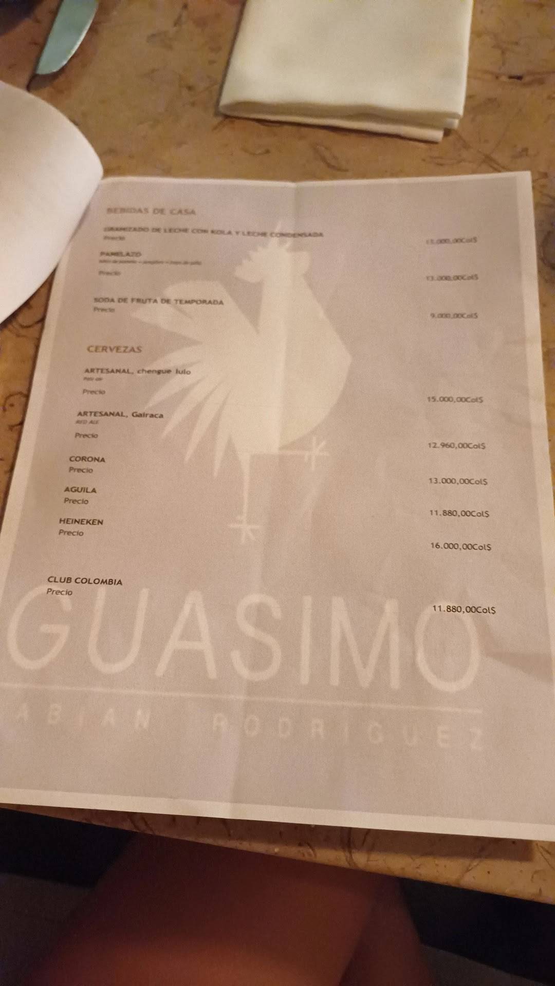 Carta del restaurante Guasimo, Santa Marta