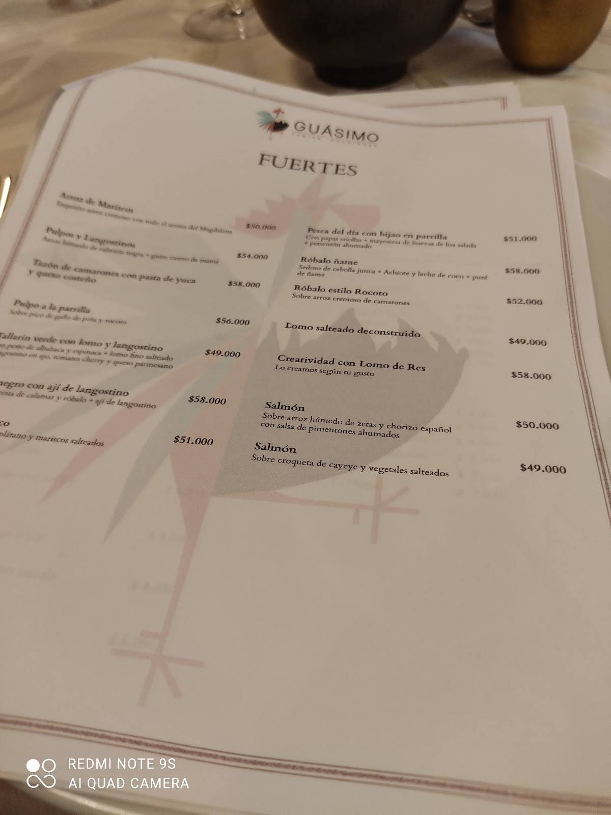 Menu at Guasimo restaurant, Santa Marta