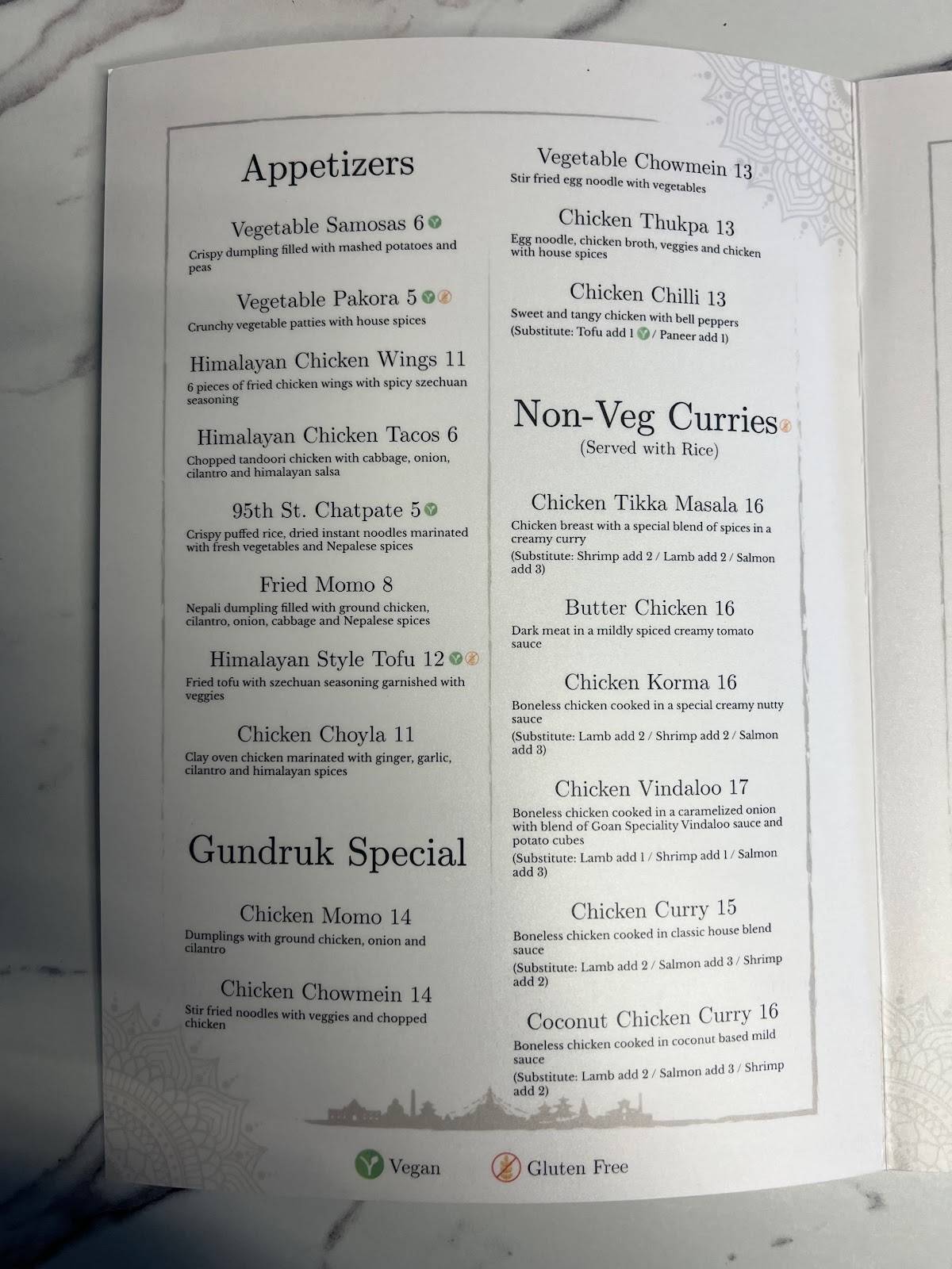 Menu at Gundruk- Taste of Nepal and India restaurant, Lafayette