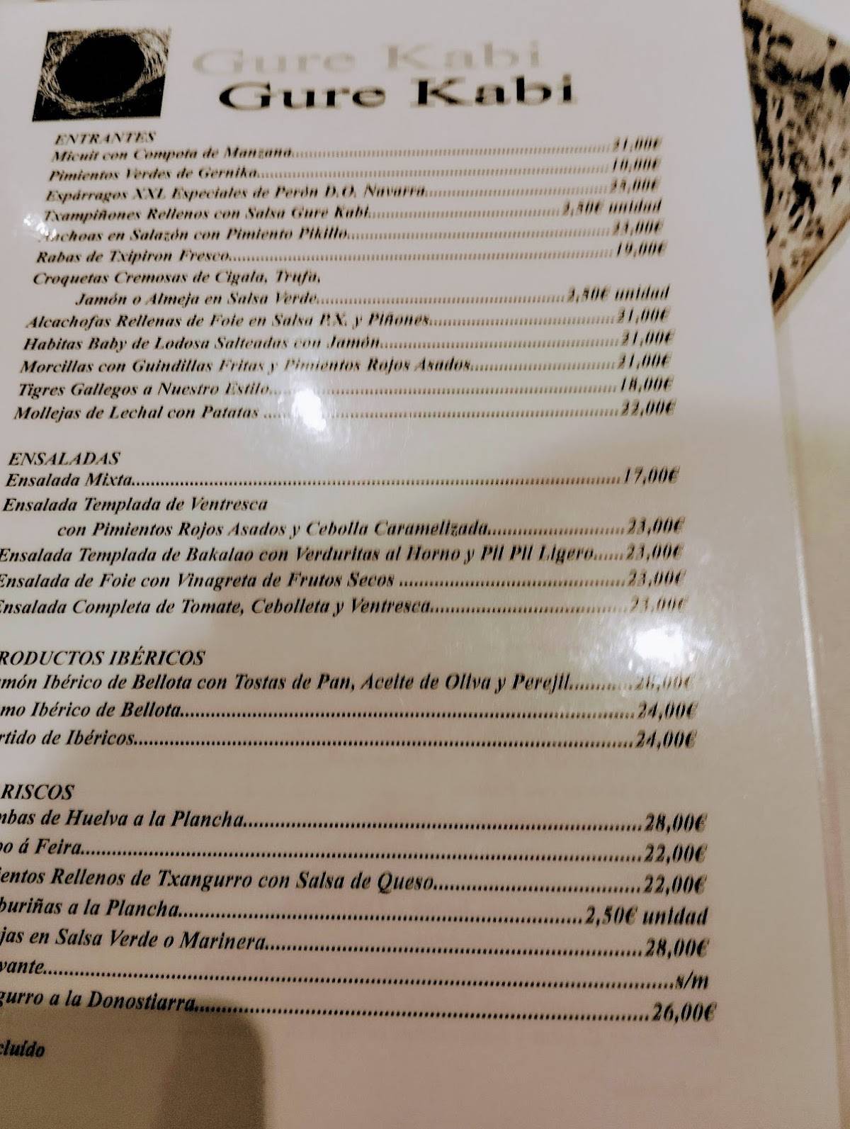Carta del restaurante Gure Kabi jatetxea, Bilbao