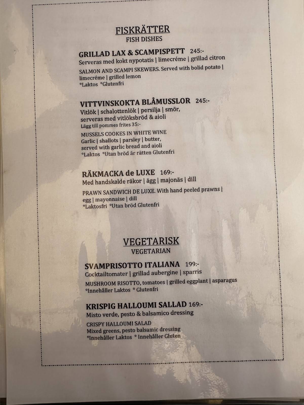 Menu at Gustav Adolf restaurant, Malmö