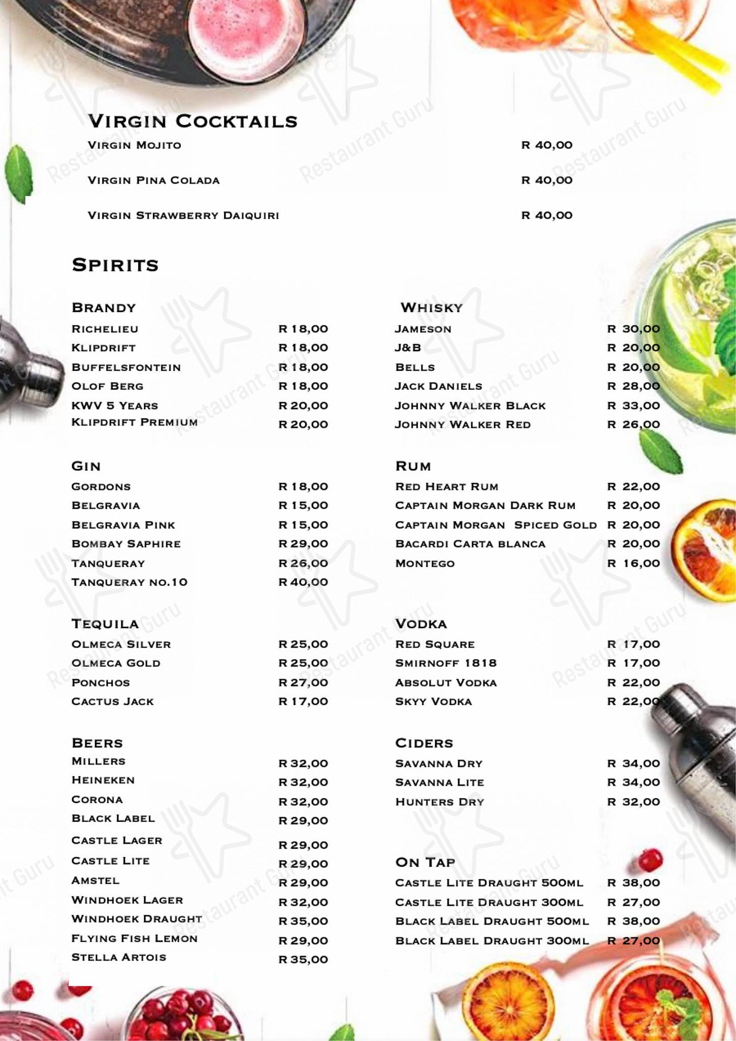Menu at Gusto Lounge restaurant, Pretoria