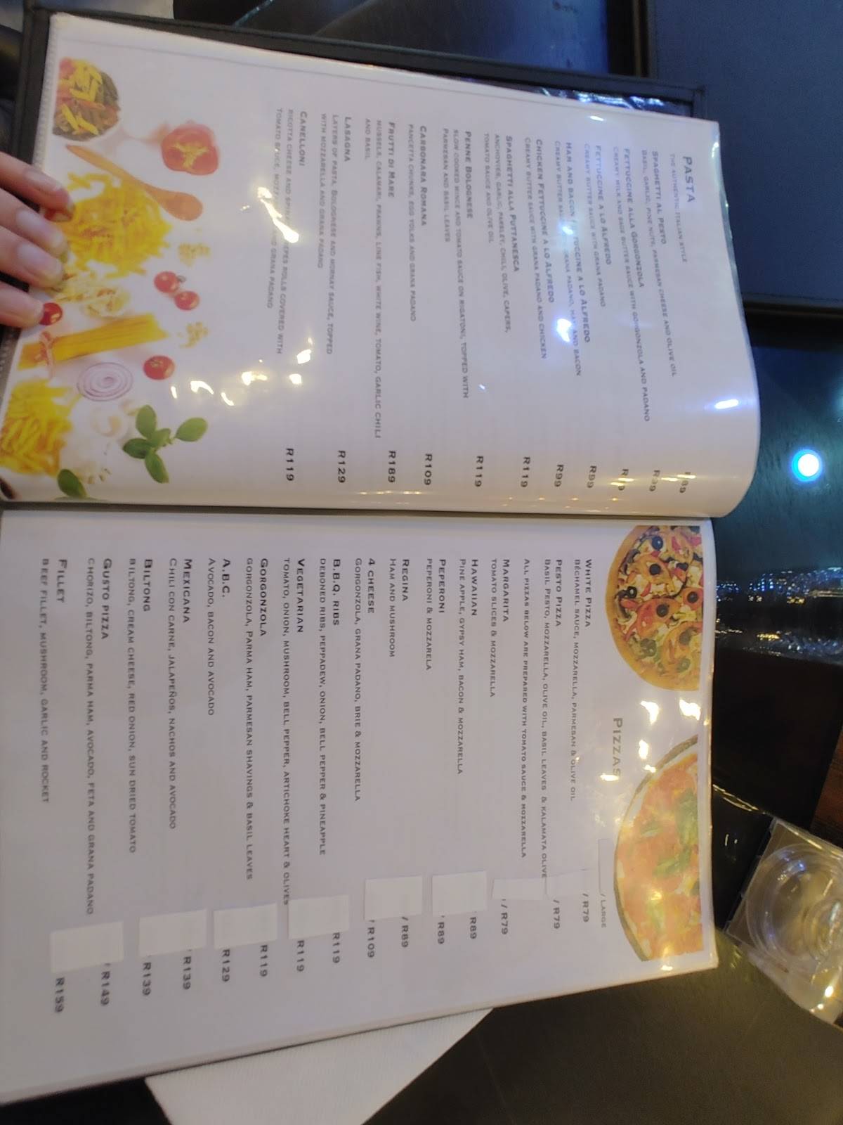 Menu at Gusto Lounge restaurant, Pretoria