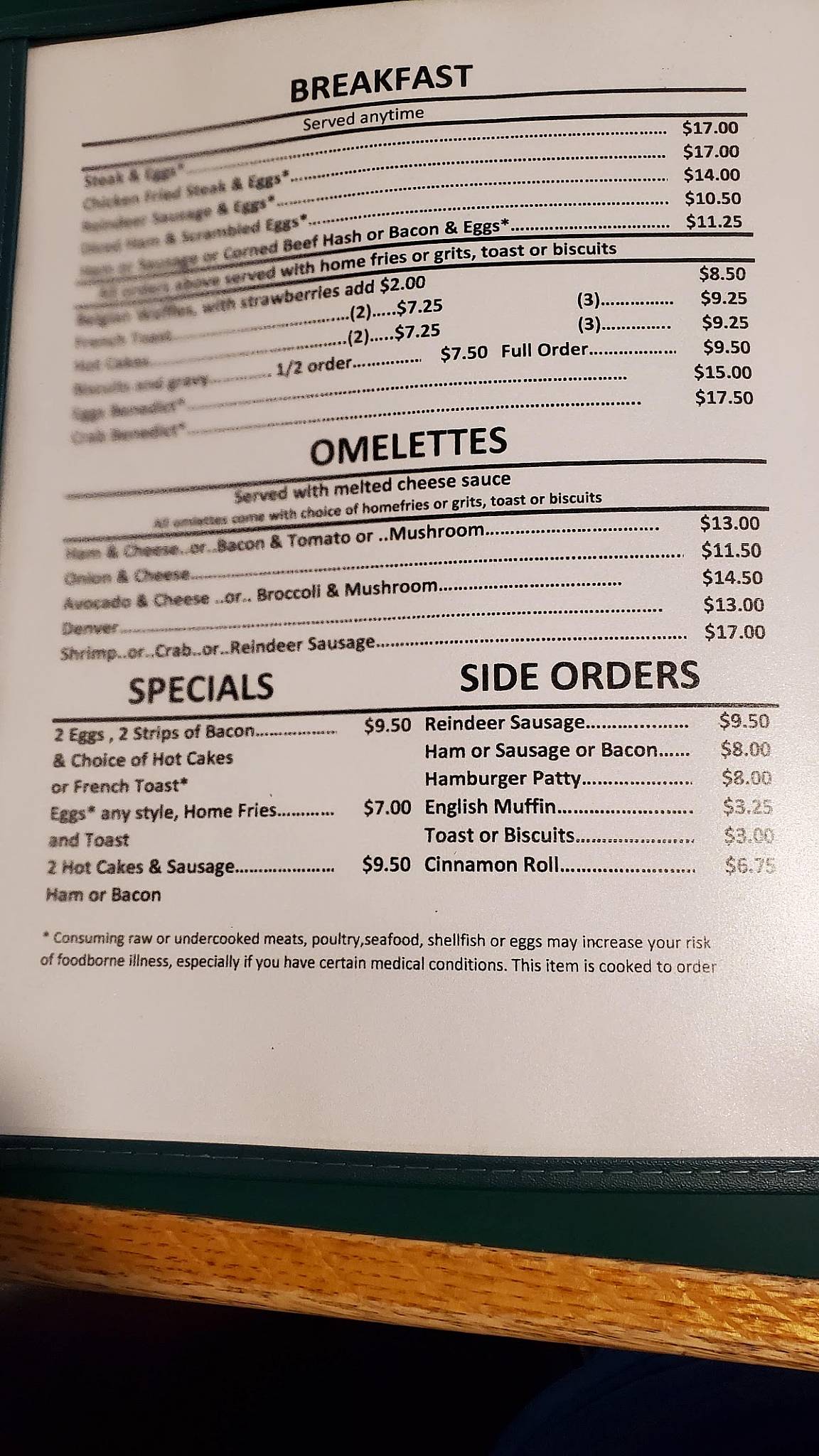 Menu at Gwennie's Old Alaska Restaurant, Anchorage