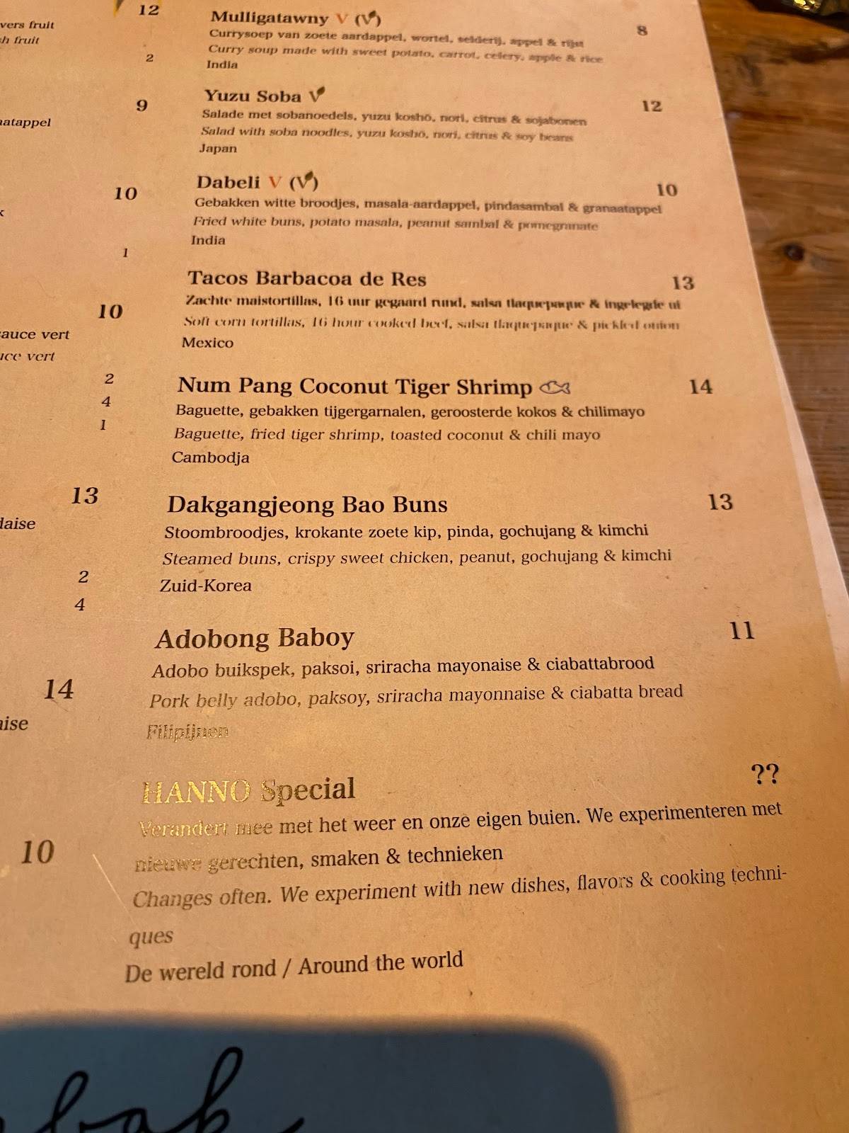 Menu at HANNO - Groots cafe, Delft