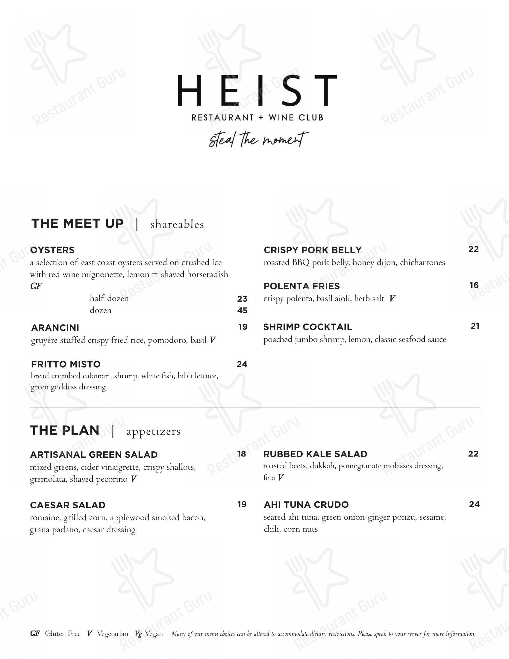 Menu at HEIST Restaurant + Wine Club, Kingston