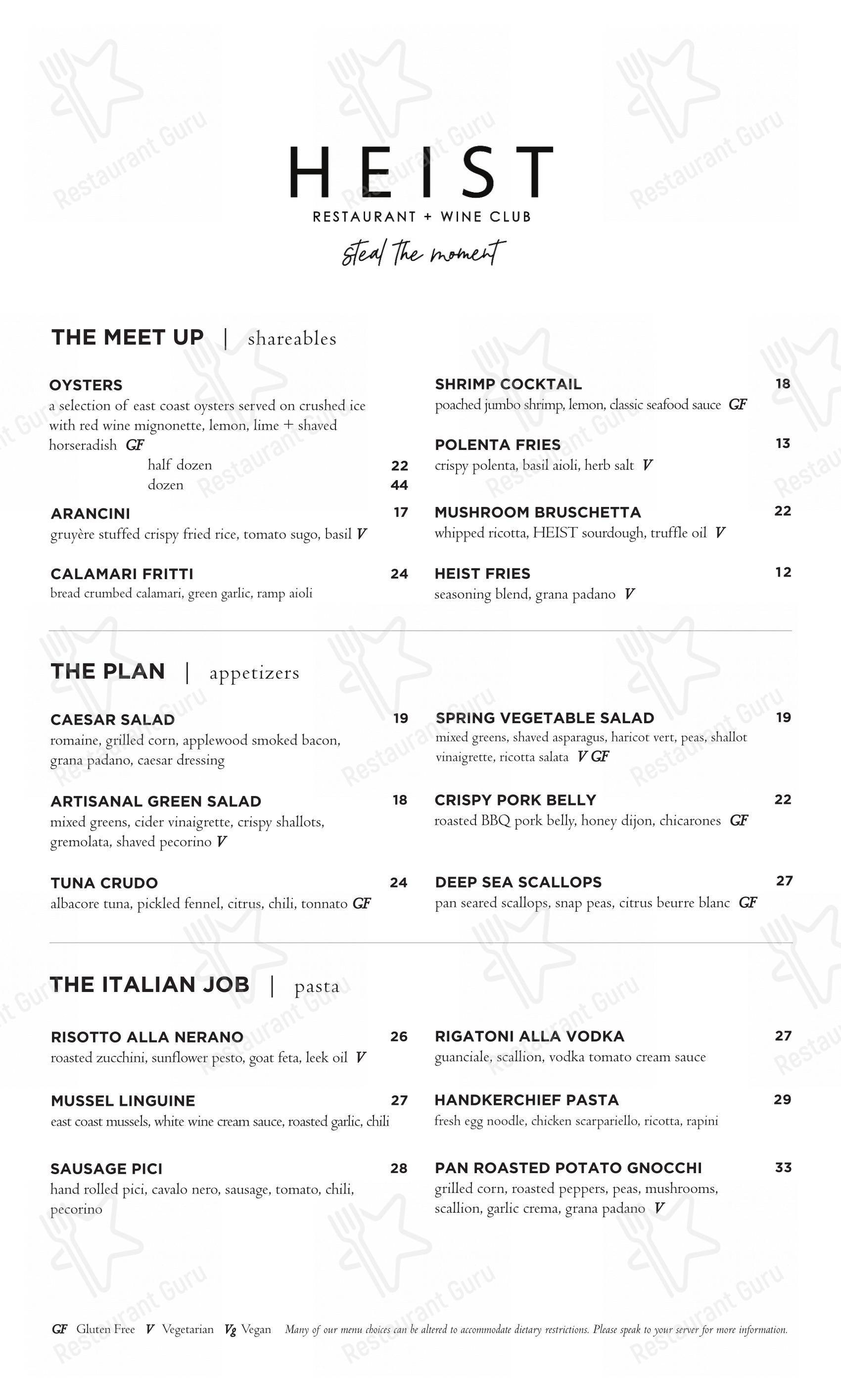 Menu at HEIST Restaurant + Wine Club, Kingston