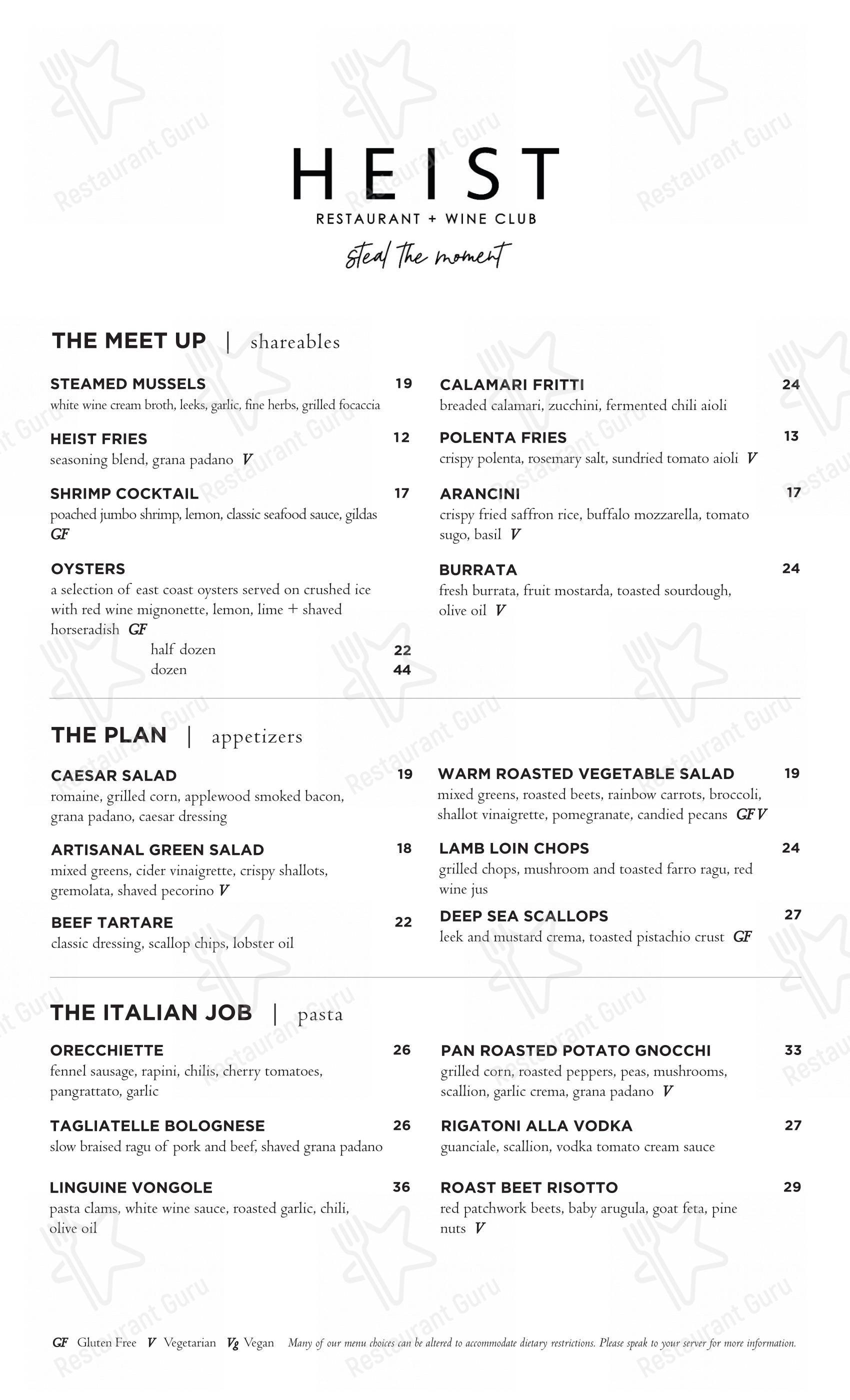 Menu at HEIST Restaurant + Wine Club, Kingston