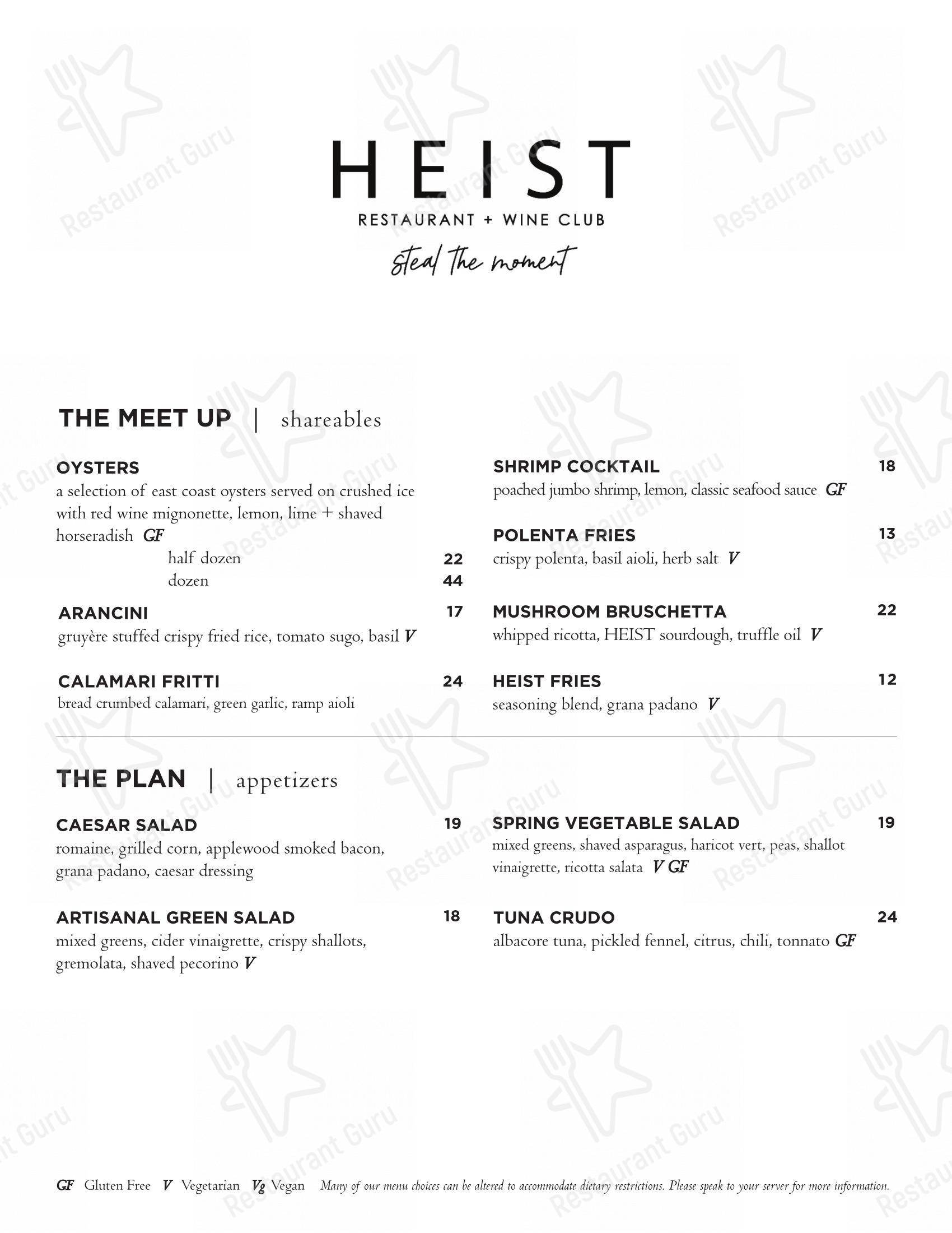 Menu at HEIST Restaurant + Wine Club, Kingston