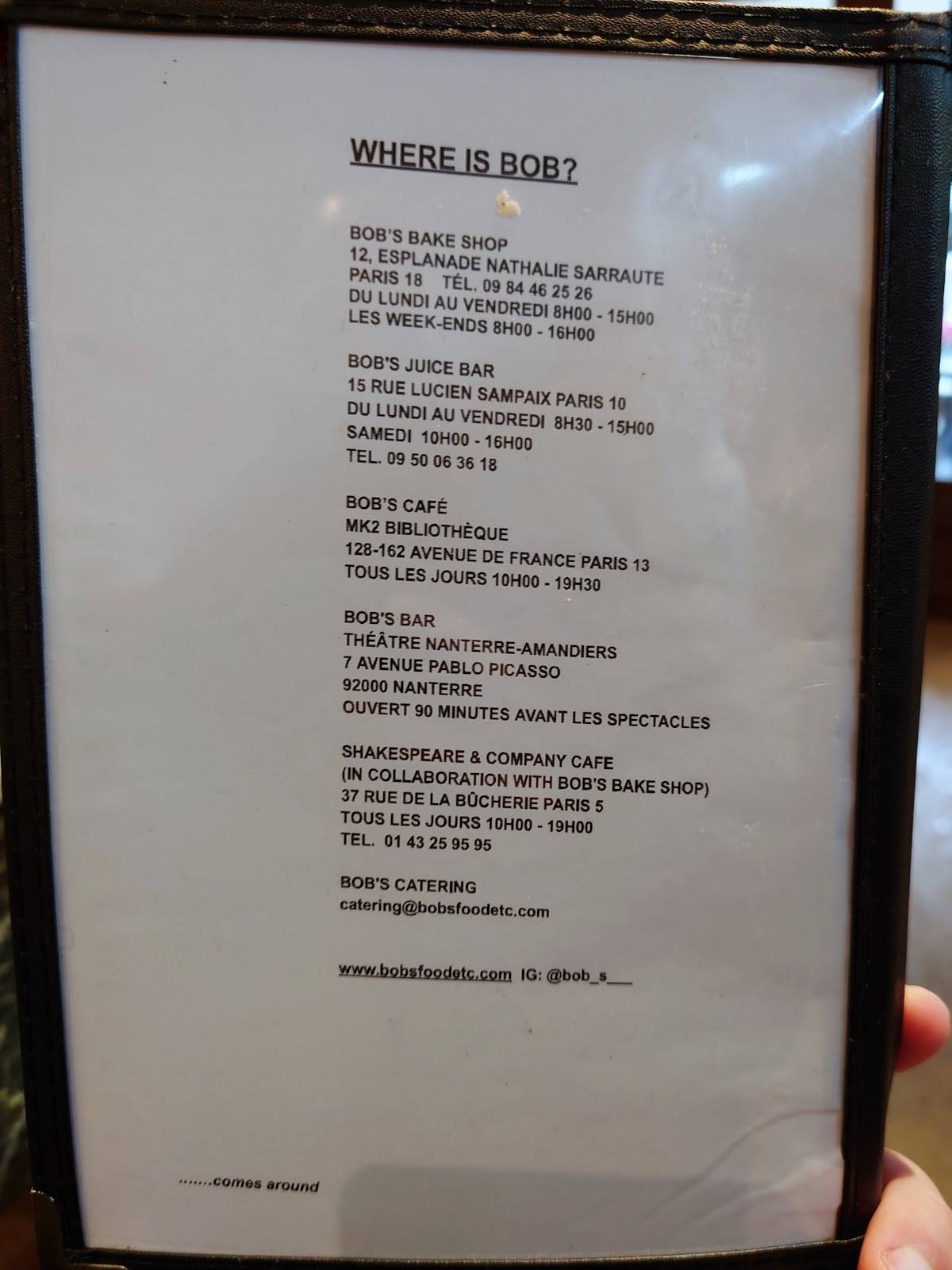 Menu au Holiday Café (with bob), Paris
