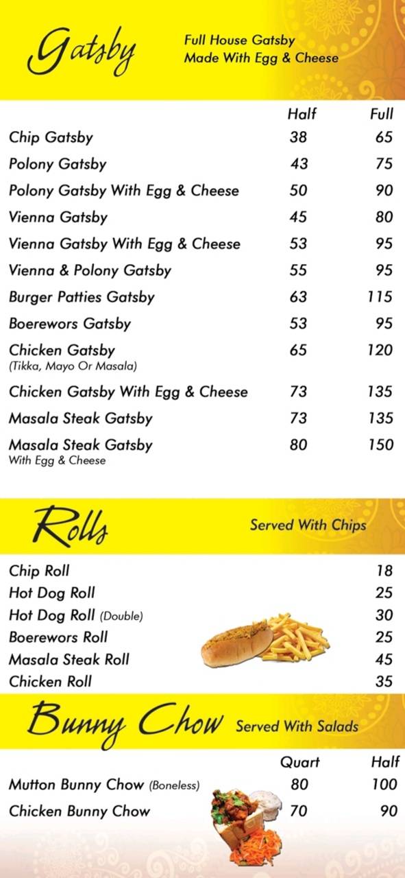 Menu at HOT STUFF Bayview Bayview restaurant, South Africa