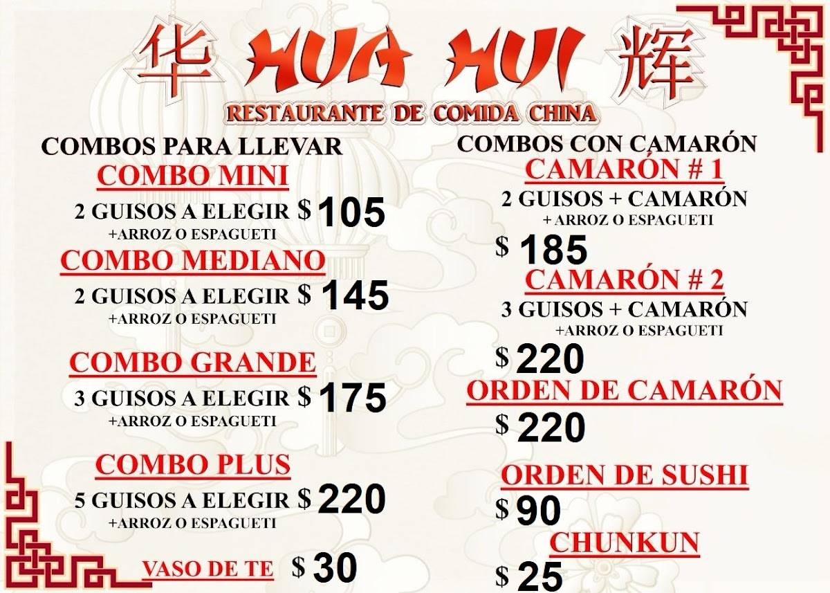 Menu at HUA HUI restaurant, Torreón