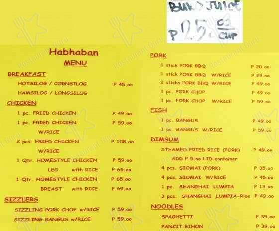 Menu at Habhaban restaurant, Cebu City