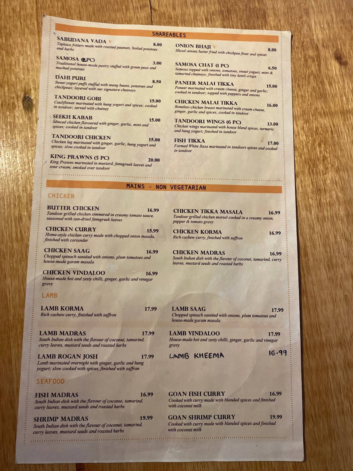 Menu at Haldi restaurant, Toronto