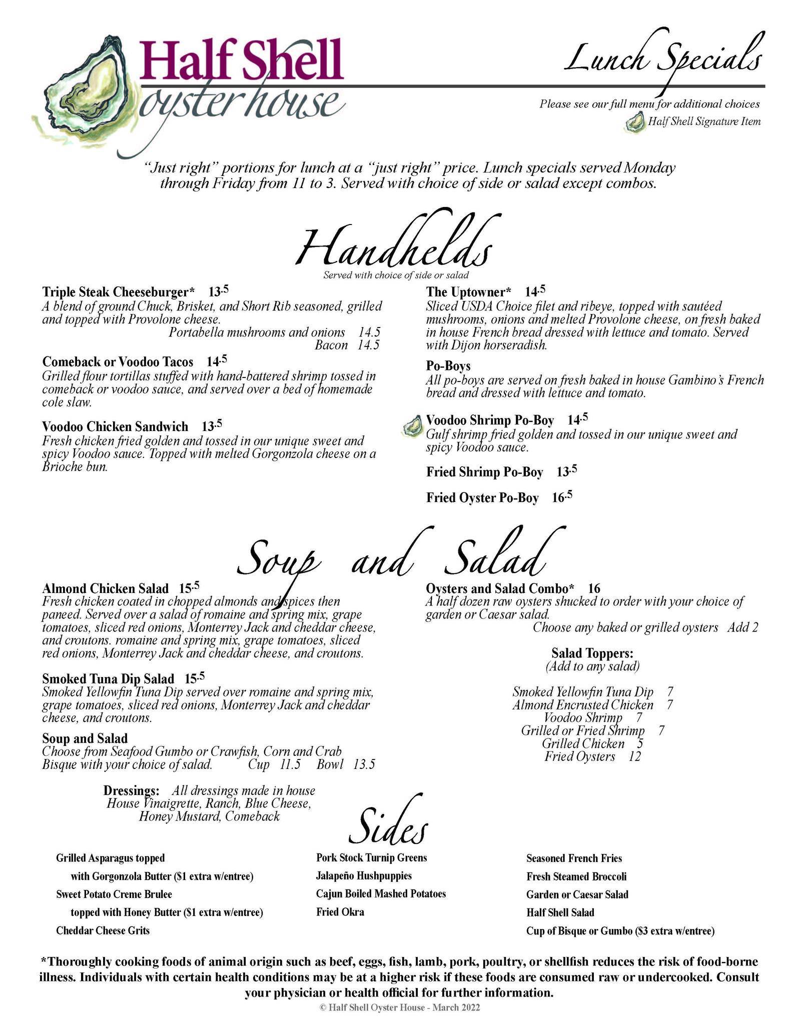 Menu at Half Shell Oyster House restaurant, Tuscaloosa