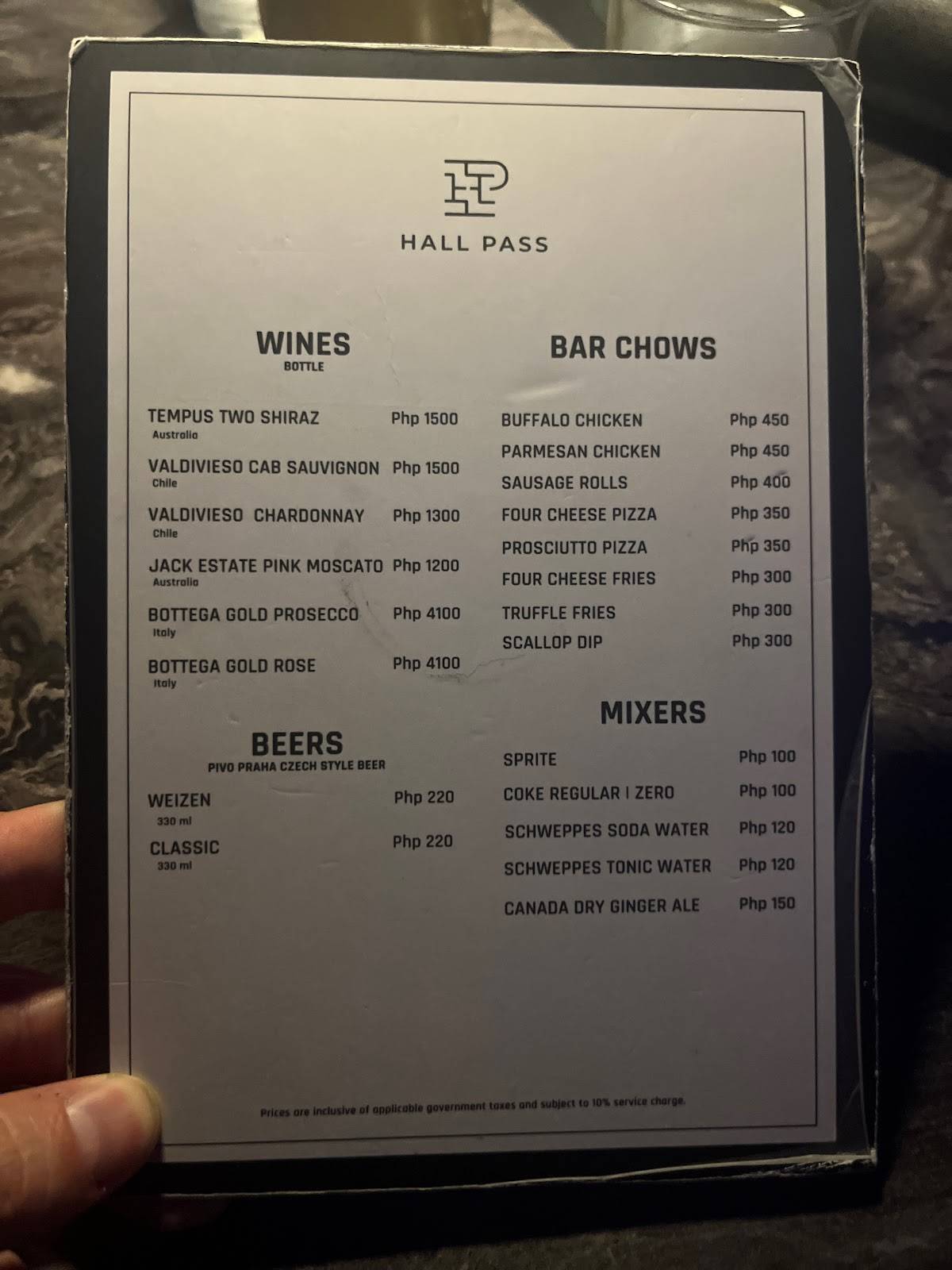 Menu at Hall Pass pub & bar, Makati