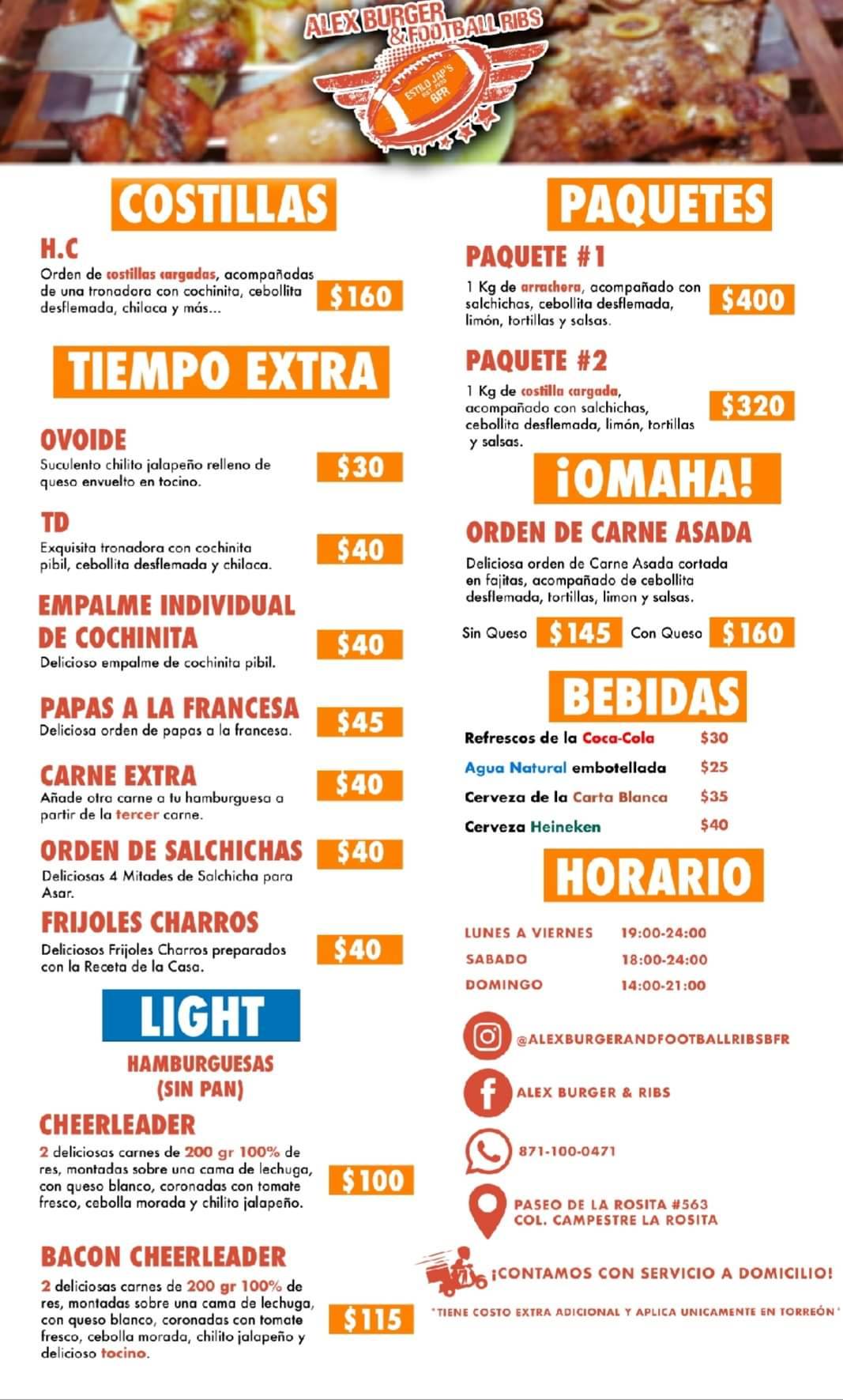 Menu at Hamburguesas Alex Burger & Football Ribs restaurant, Torreón