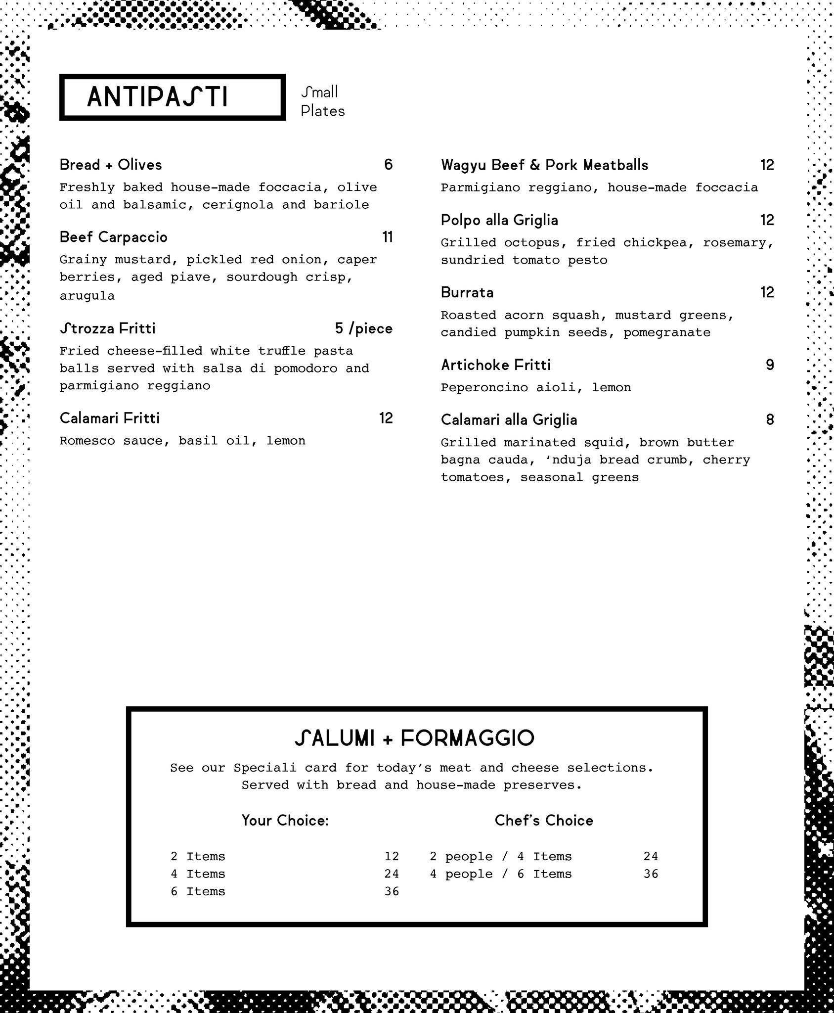 Menu at CIMA Enoteca restaurant, Hamilton