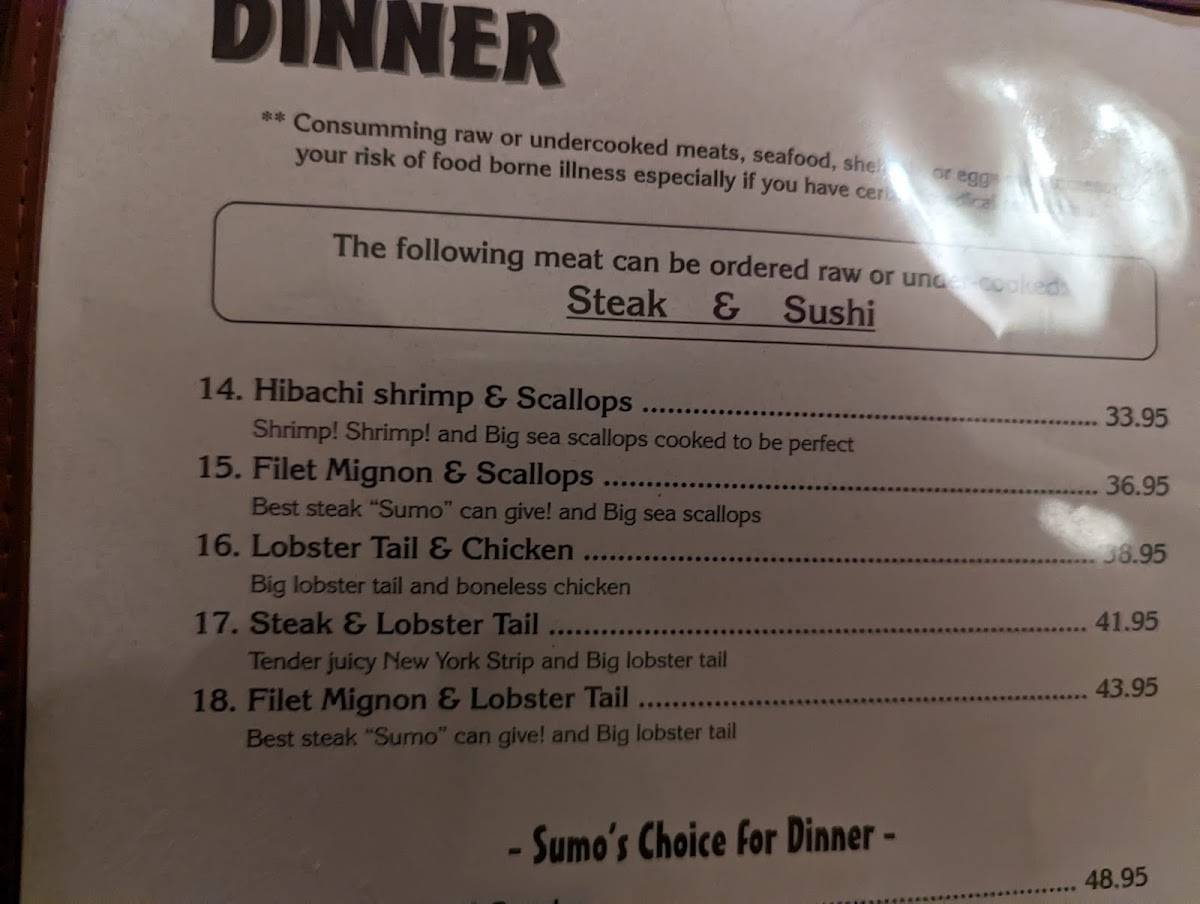 Menu at Sumo Japanese Steak House restaurant, Virginia Beach