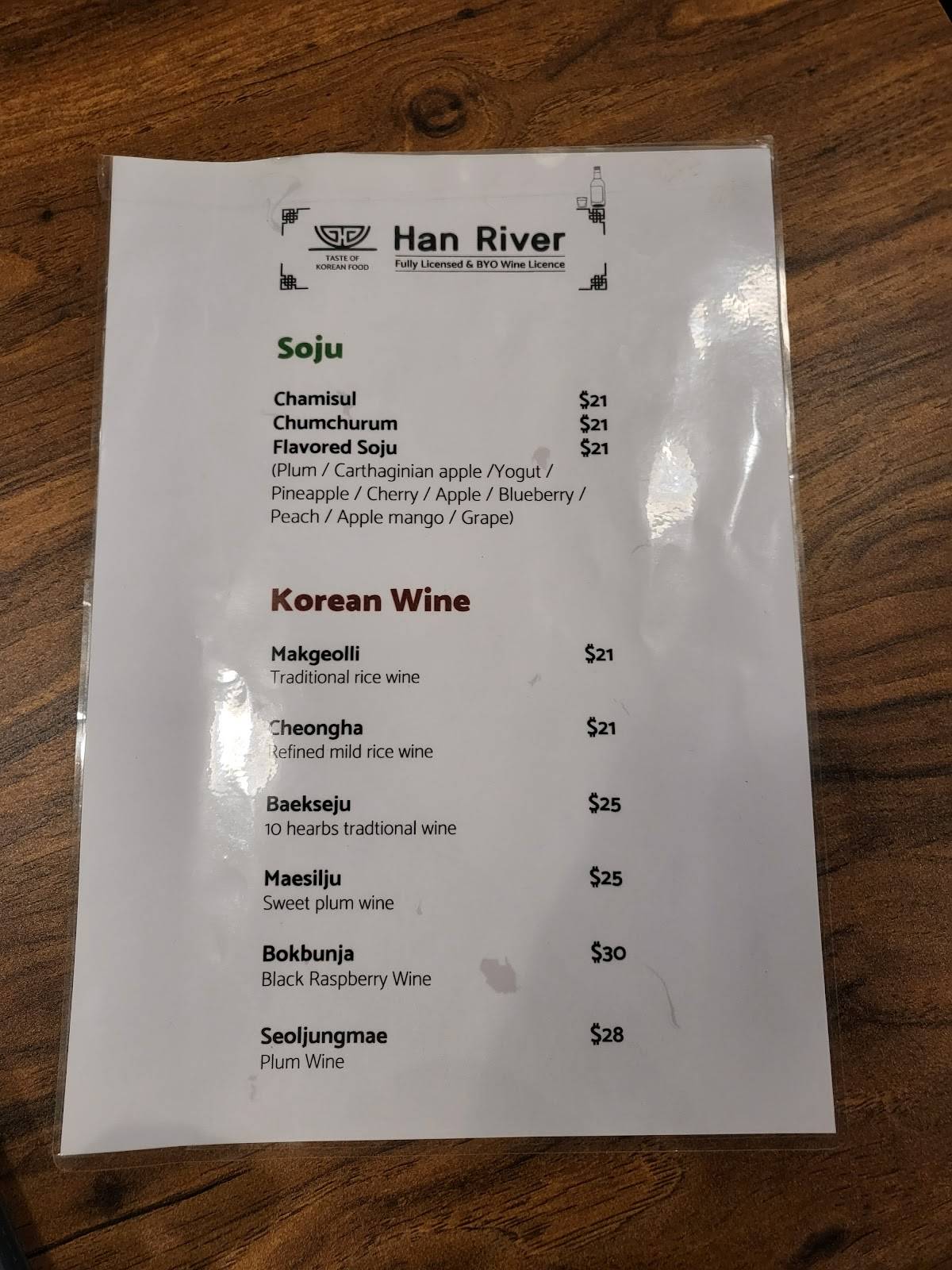 Menu at Han River Korean Restaurant, Lower Hutt