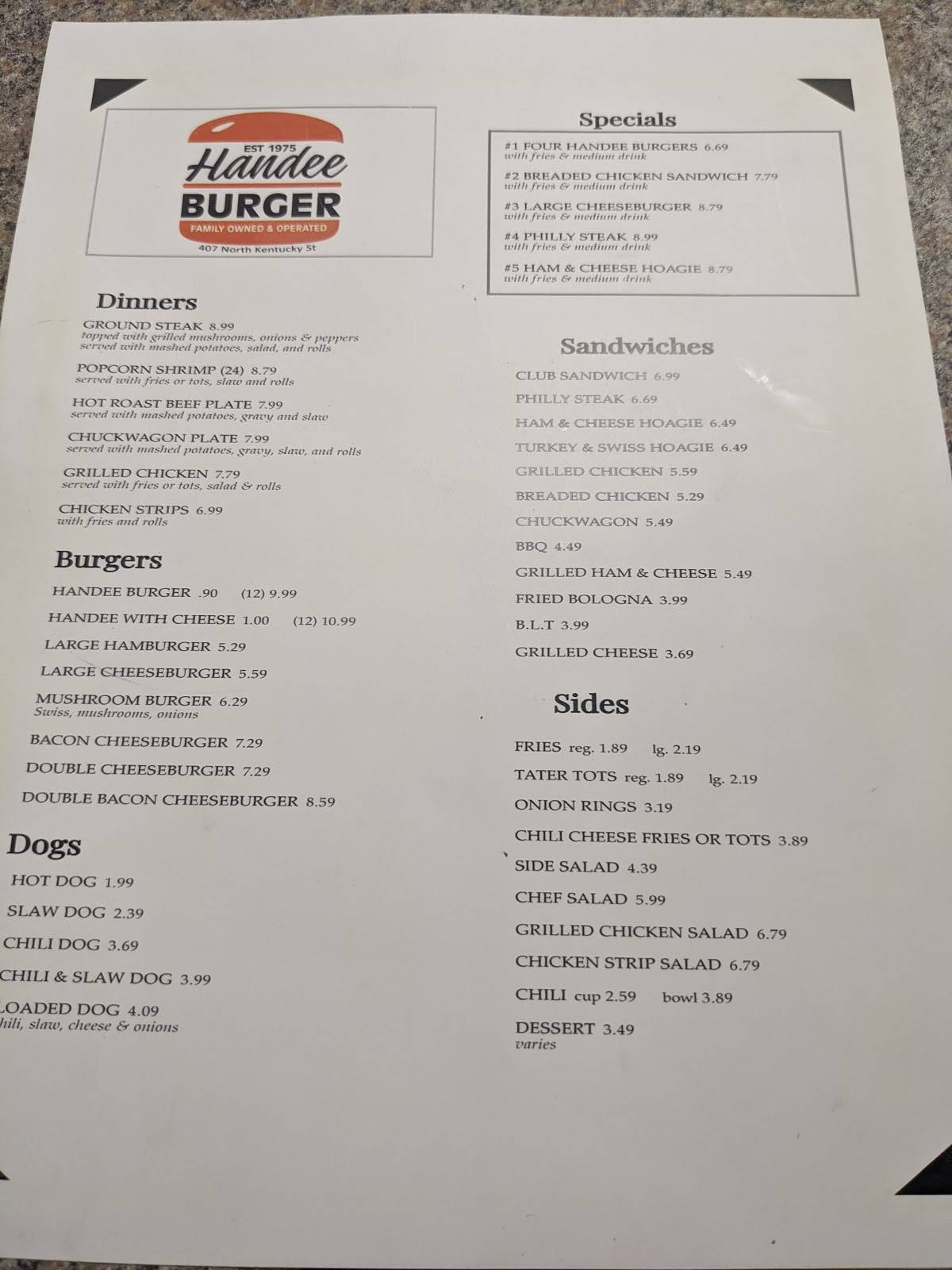 Menu at Handee Burger restaurant, Kingston