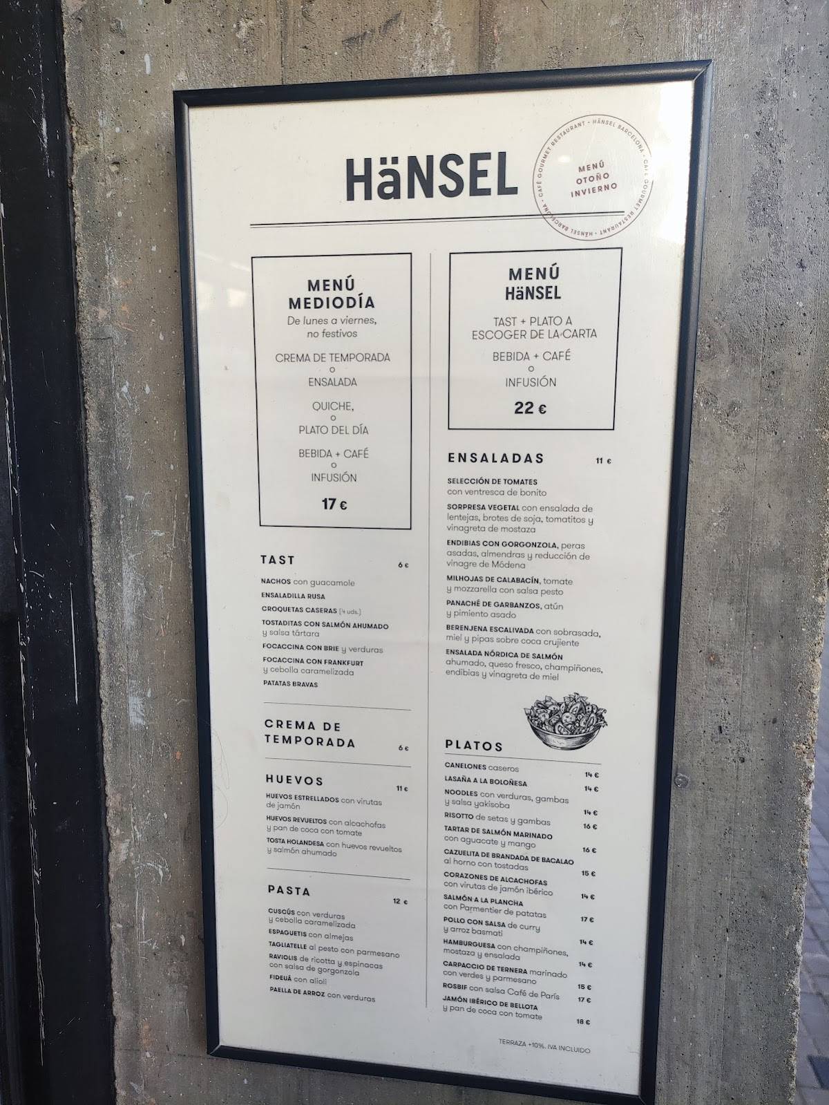Menu at Hansel restaurant, Barcelona, Carrer de Santa Fe de Nou Mèxic