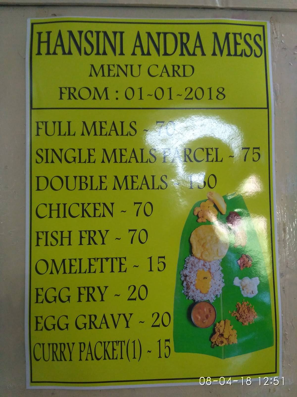 Menu at Hansini Andhra Mess, Chennai, 61/111