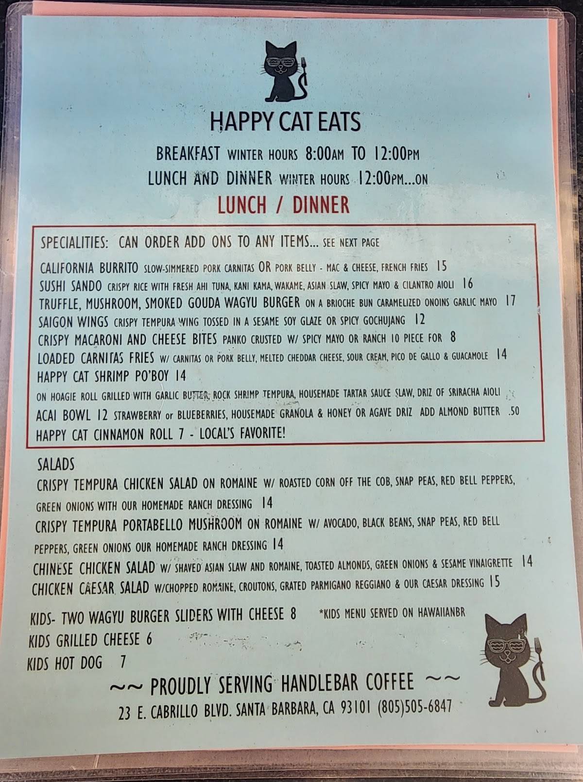 Carta del restaurante Happy Cat Eats, Santa Barbara