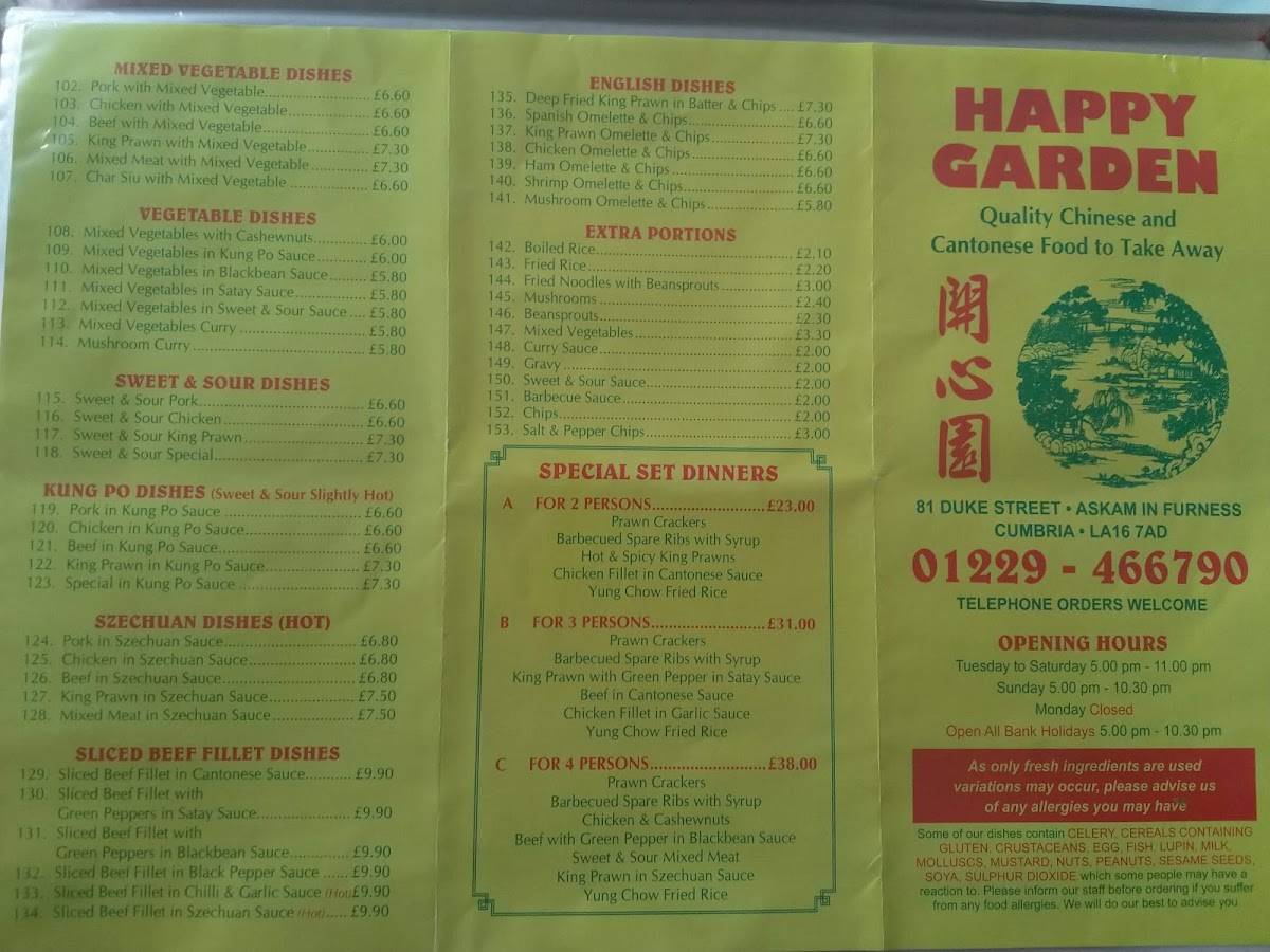 Menu at Happy Garden restaurant, Barrow-in-Furness