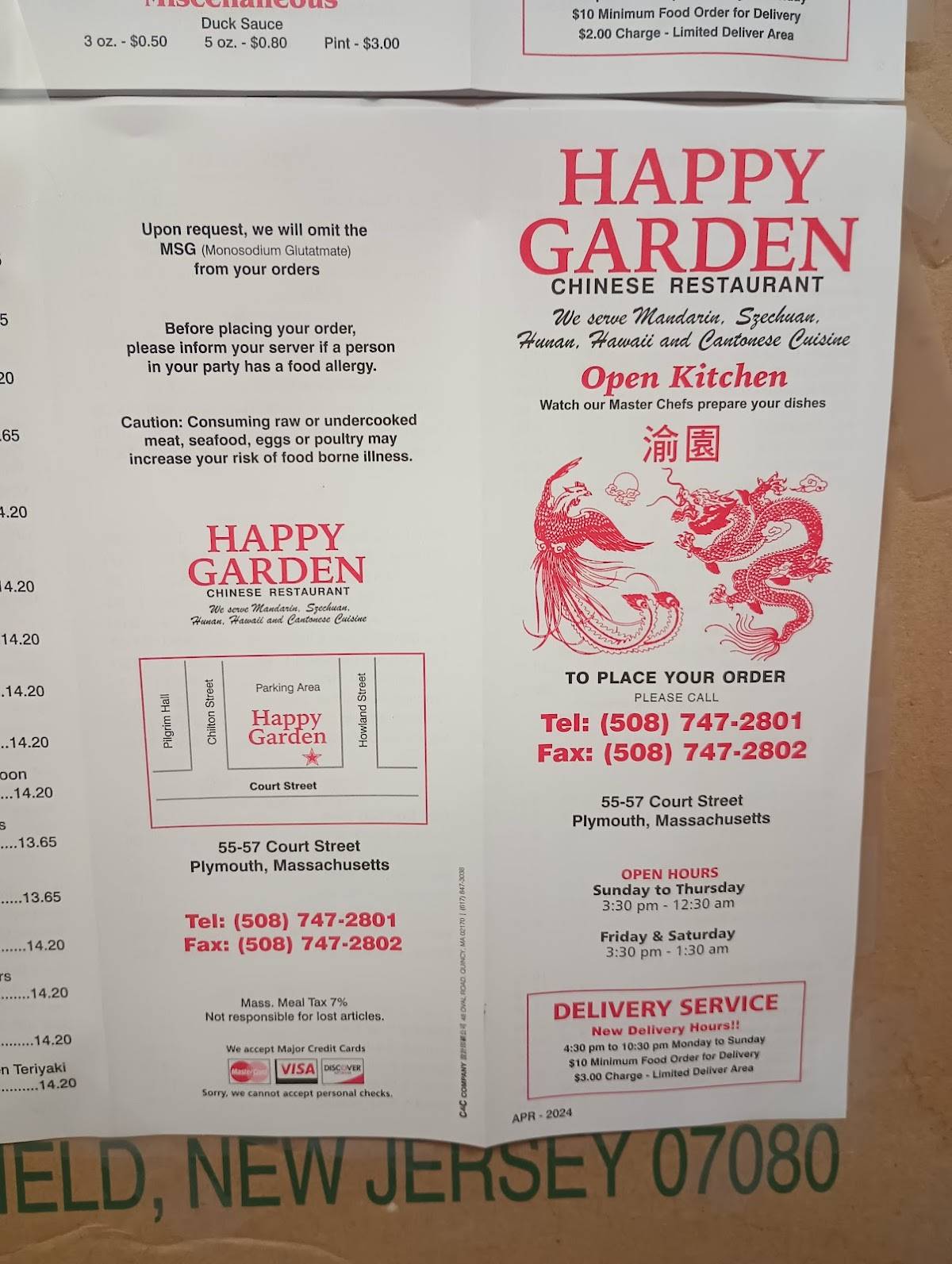 Menu at Happy Garden restaurant, Plymouth