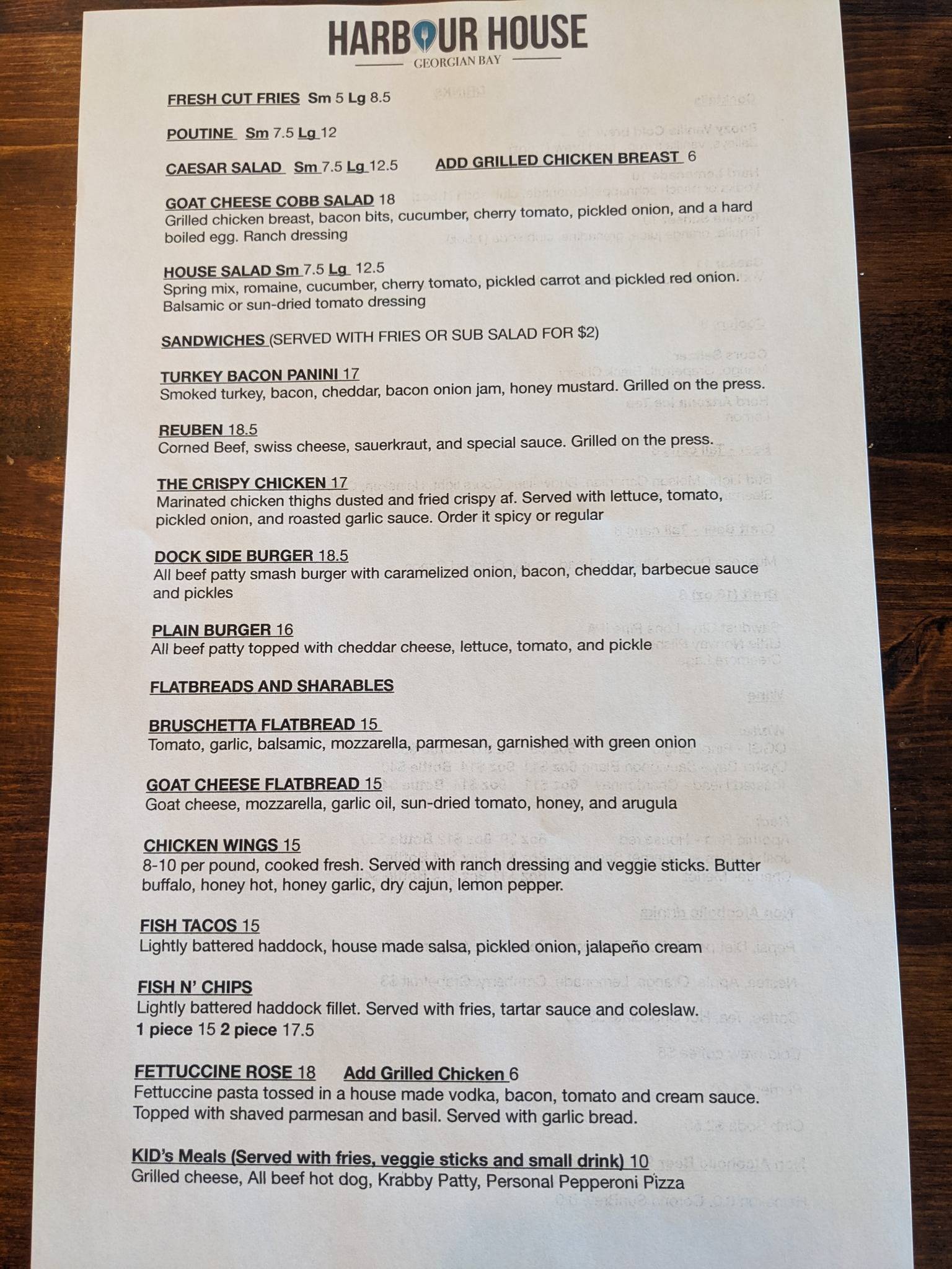 Menu at Harbour House Georgian Bay restaurant, Canada, Honey Harbour Rd