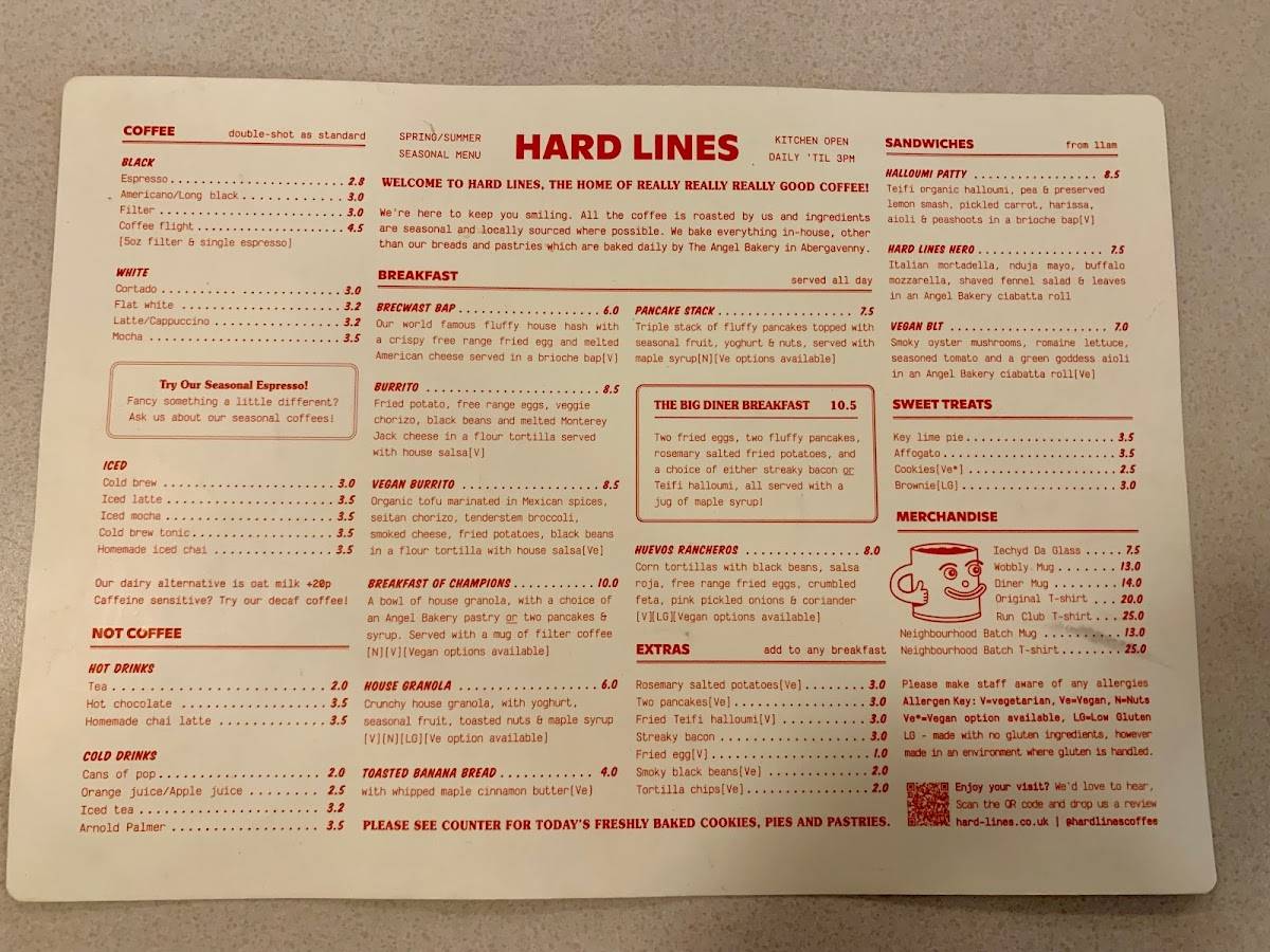 Carta de Hard Lines Cafe, Cardiff