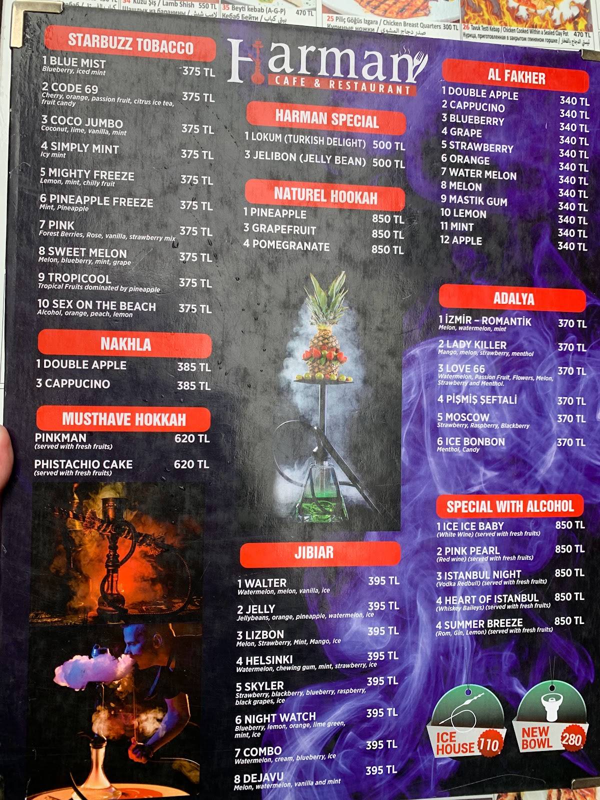 Menu at Harman Hookah Terrace restaurant, Istanbul, Ticarethane Sk. No:6