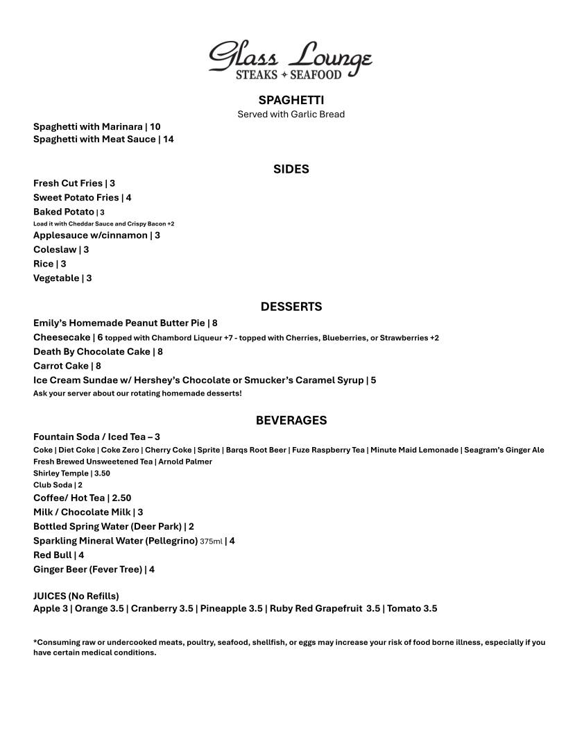 Menu at Glass Lounge Restaurant, Harrisburg