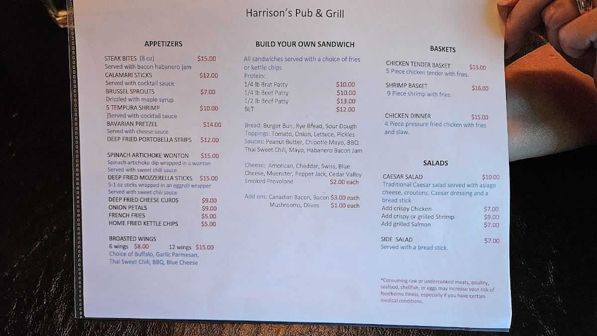 Menu at Harrison's Pub and Grill, Lac du Flambeau