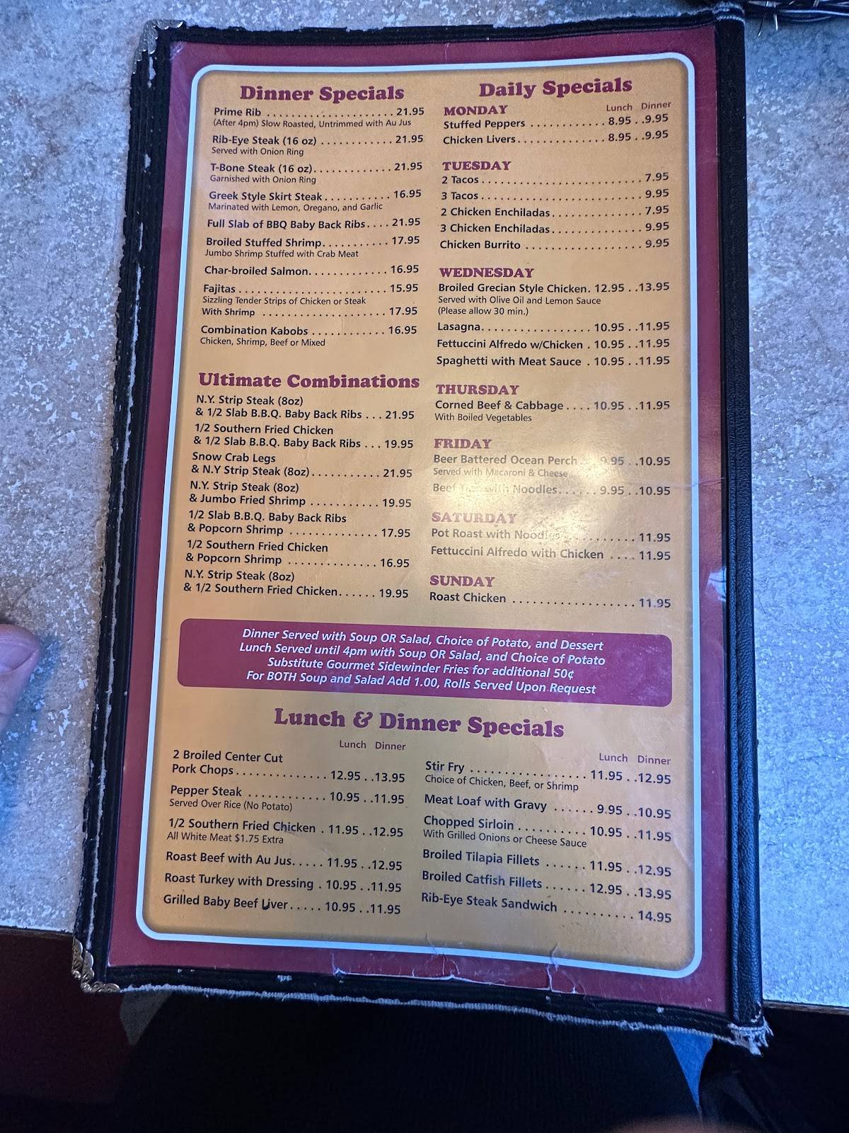 Menu at Harry O's restaurant, Cedar Lake
