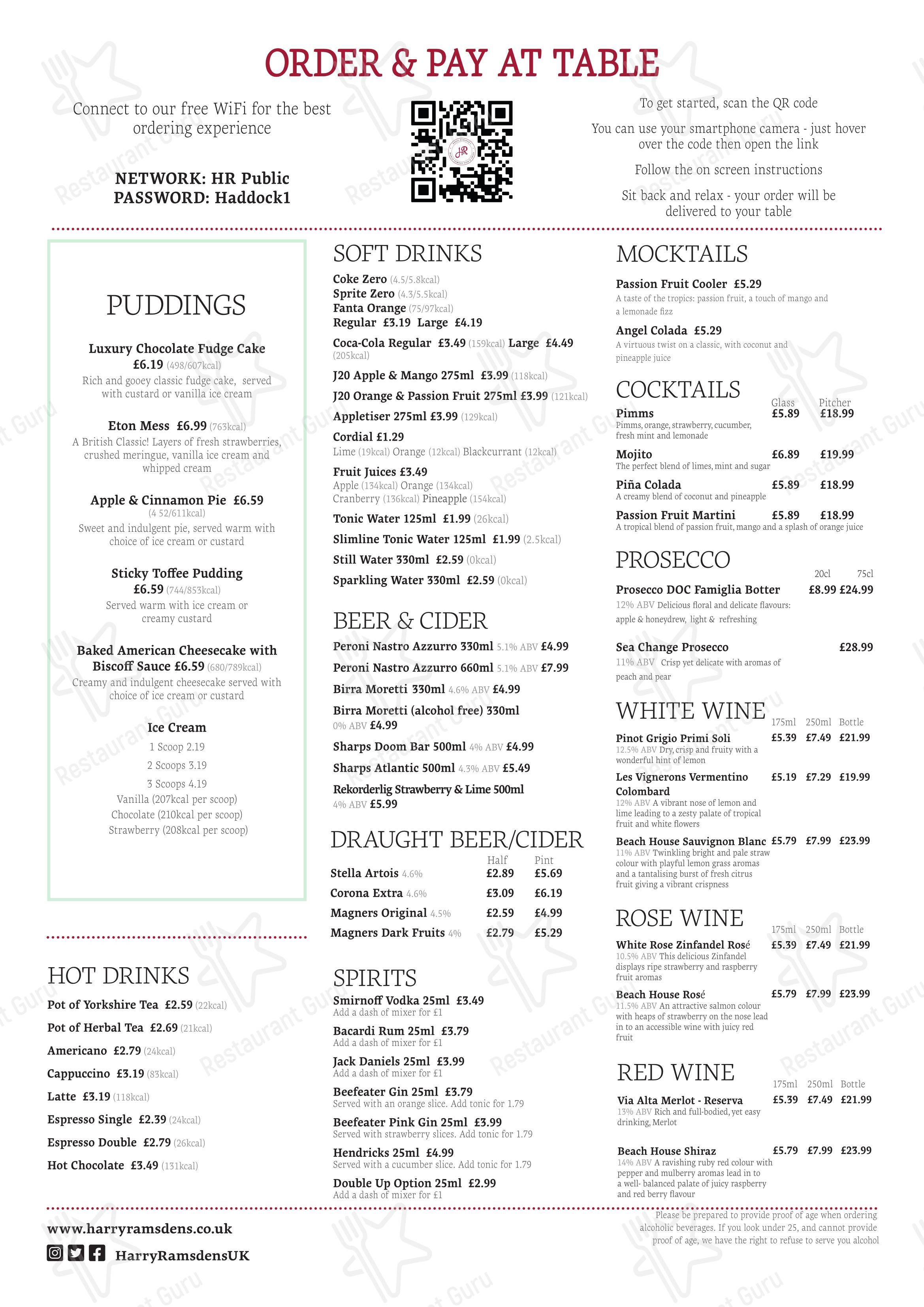 Menu at Harry Ramsden's restaurant, Bournemouth