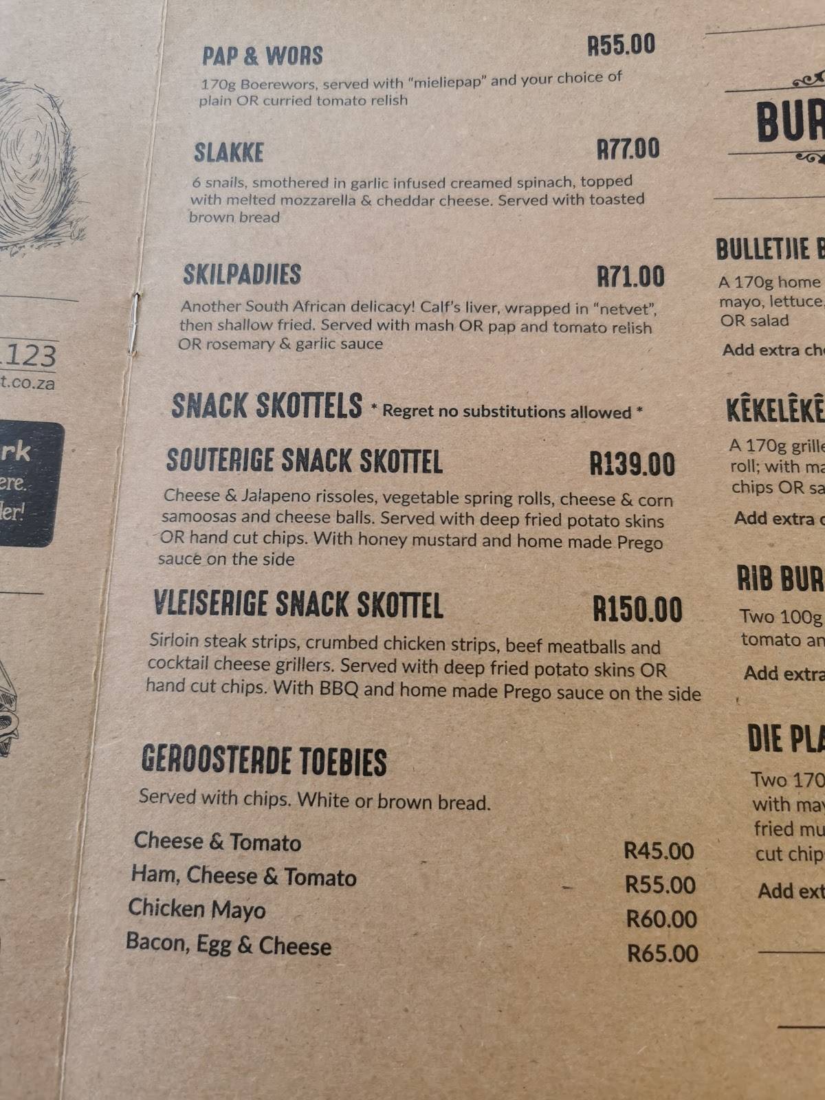 Menu at Die Plaas se Gat Restaurant, Hartbeespoort, Road 4048 R560 ...