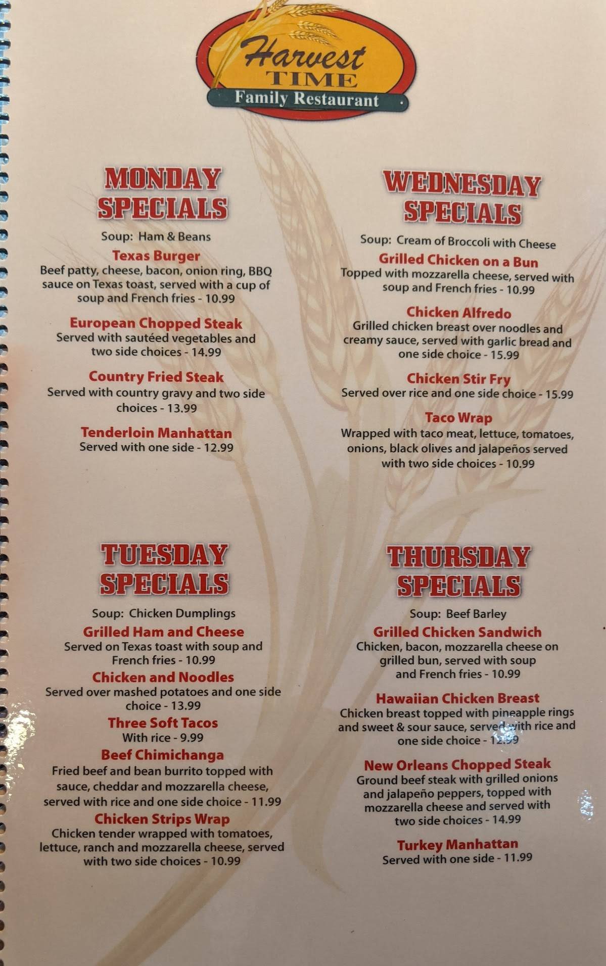 Menu at Harvest Time Family Restaurant, Monticello