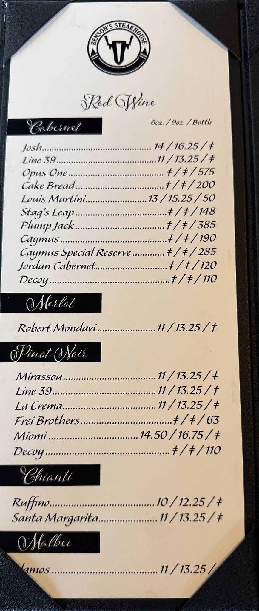 Menu at Benson’s Steakhouse, Hattiesburg