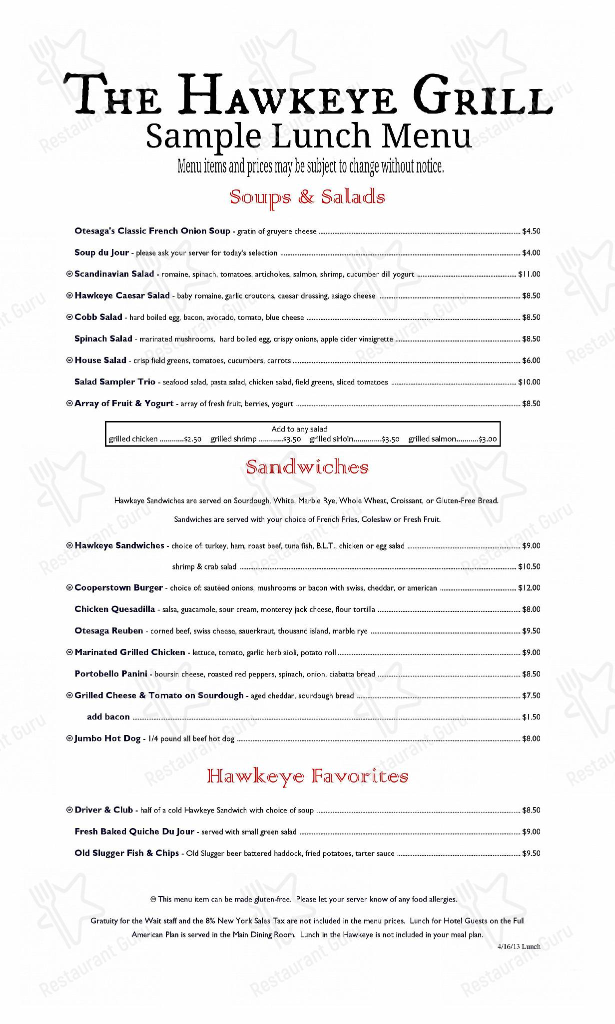 Menu at Hawkeye Bar & Grill, Cooperstown