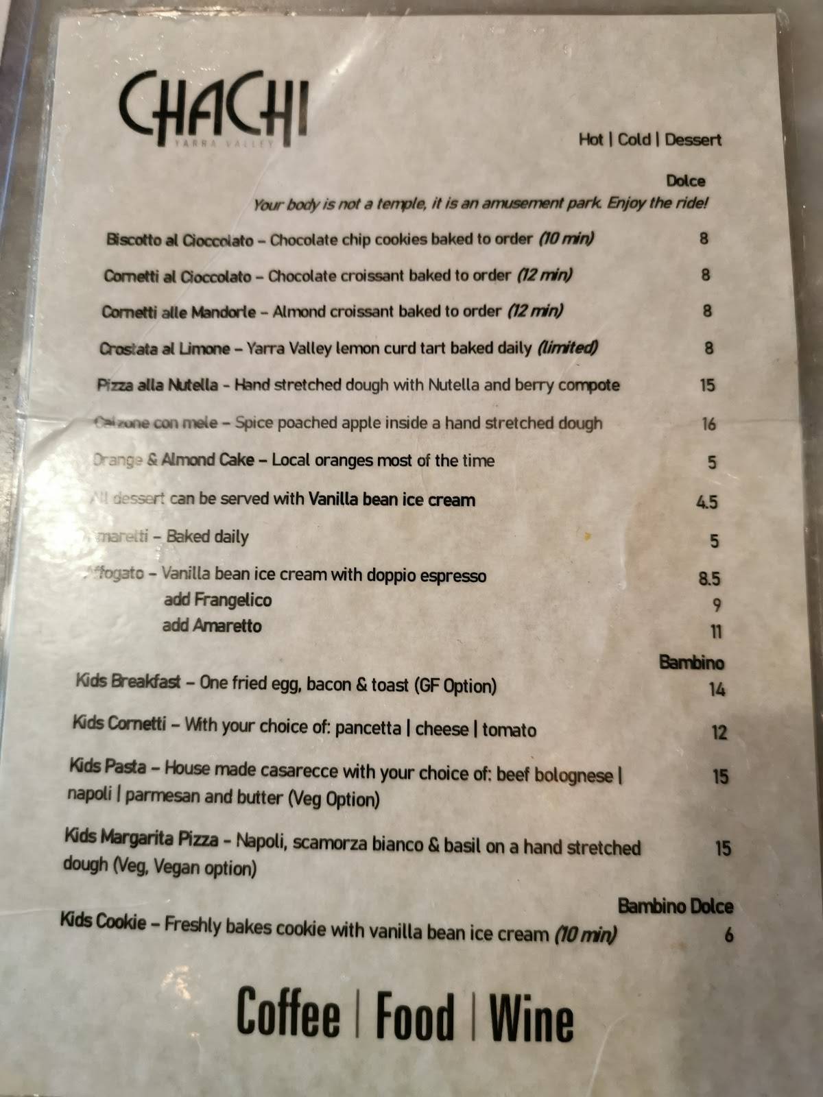 Menu at Chachi Yarra Valley restaurant, Healesville