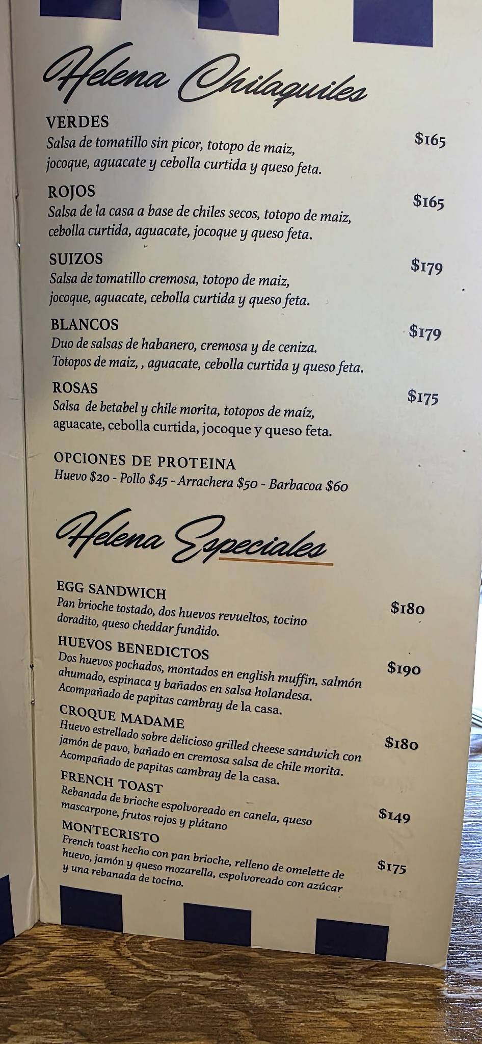 Carta del restaurante Helena, Chihuahua